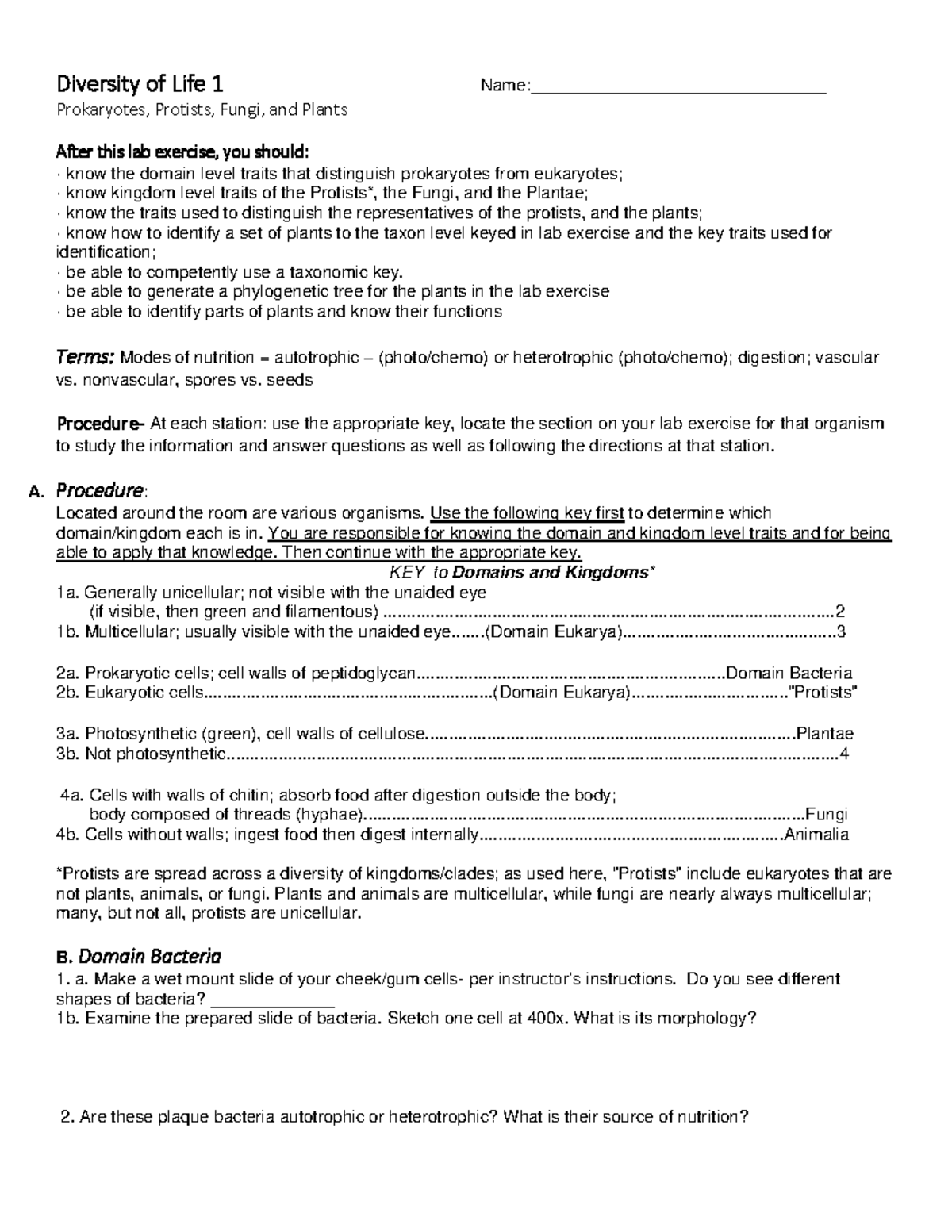 Lab Exercise: Identification & Traits of Prokaryotes, Protists, Fungi ...
