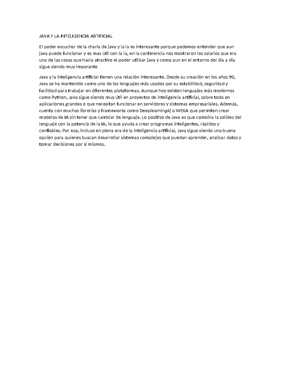 JAVA Y LA INTELIGENCIA ARTIFICIAL: Resumen del Congreso - Studocu