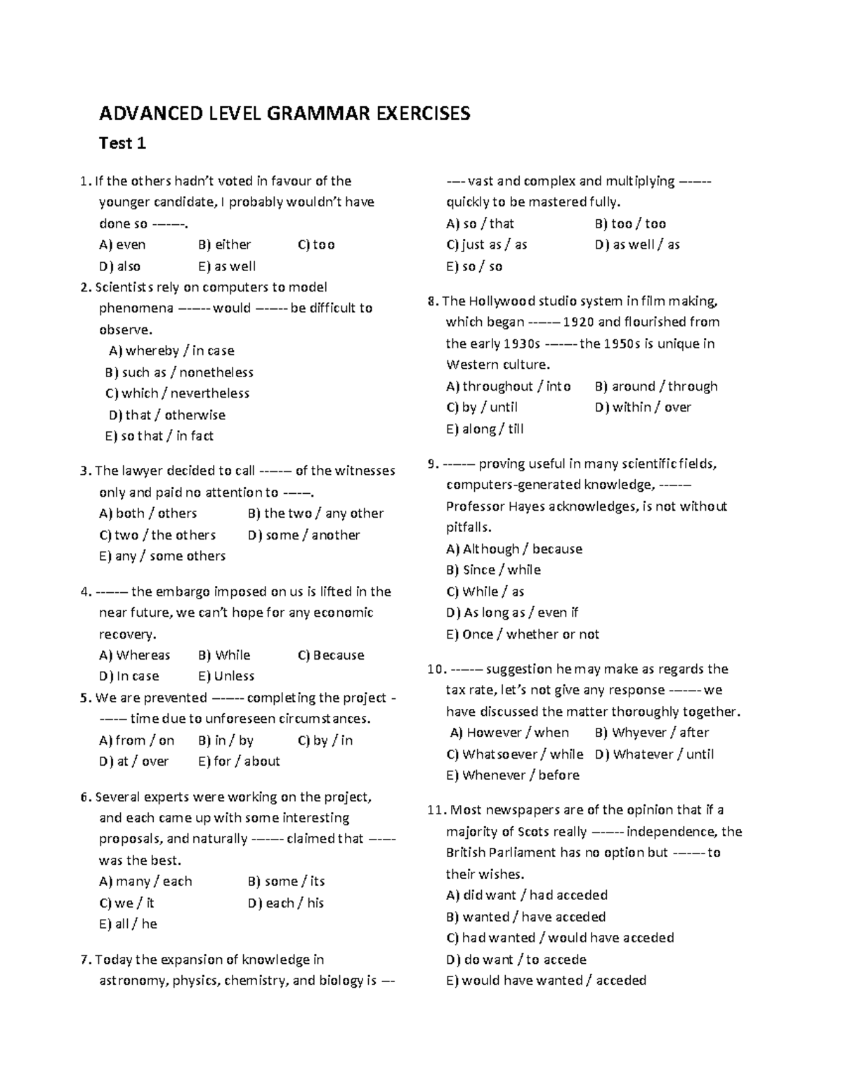 Advanced Level Grammar Exercises - Test 1 to 3 - Studocu