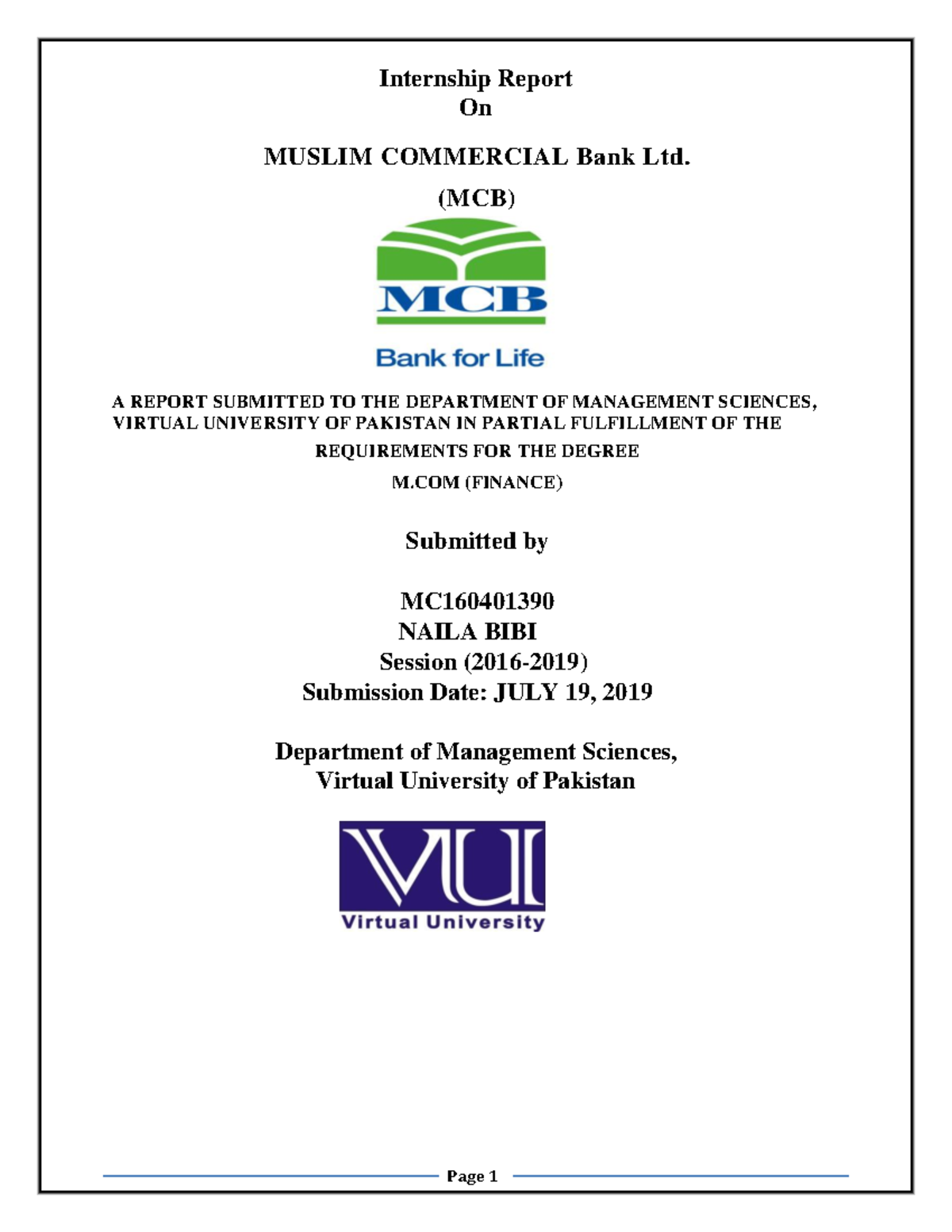 Internship Report on MCB (Muslim Commercial Bank Ltd.) - M.Com (Finance ...