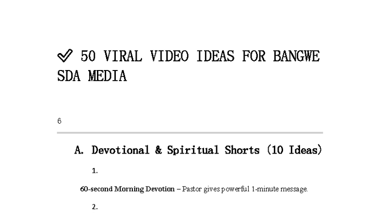 50 Viral Video Ideas for Bangwe SDA Media 6A: Devotional & Outreach ...