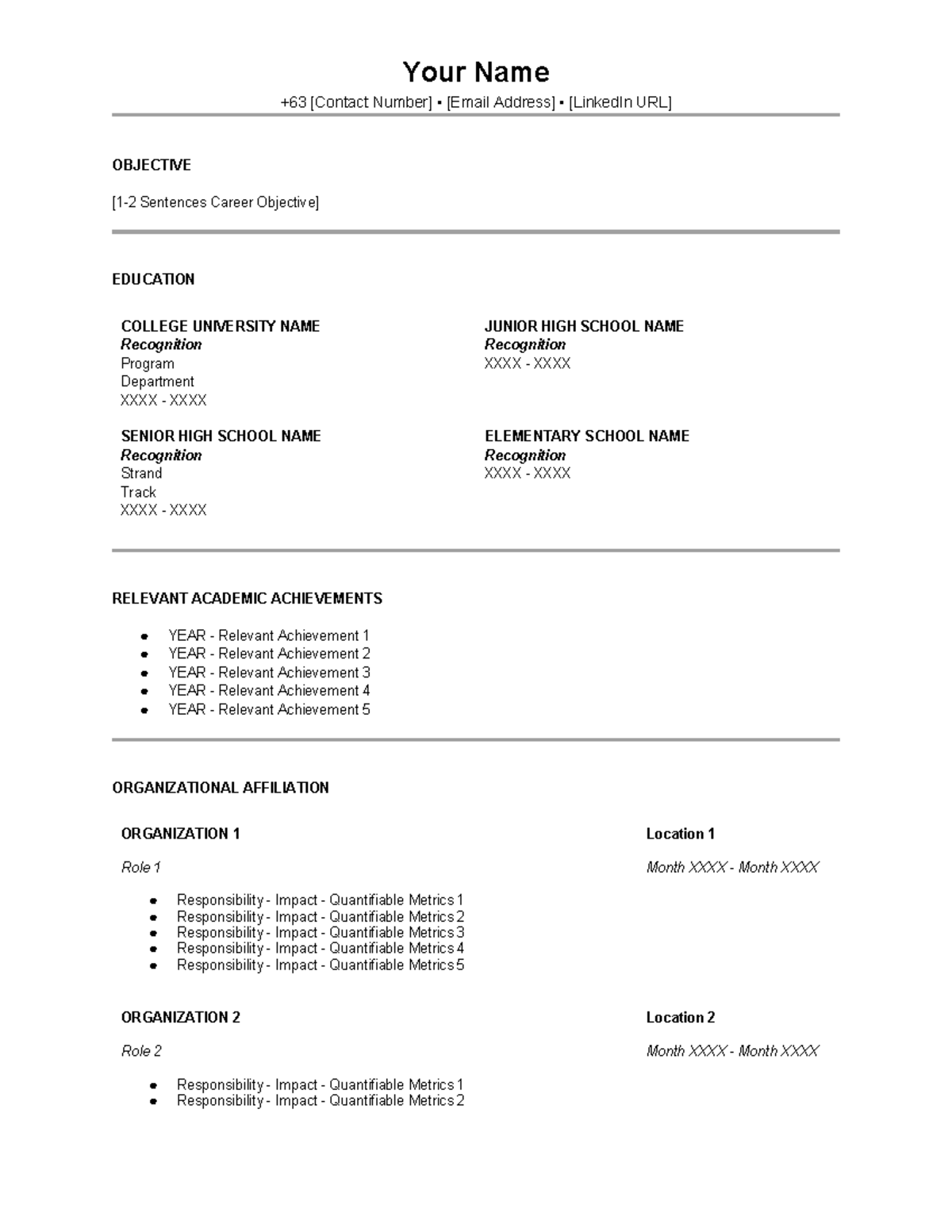 [NOTE MAKE A COPY ONLY] No Work Experience Resume Template - Your Name ...