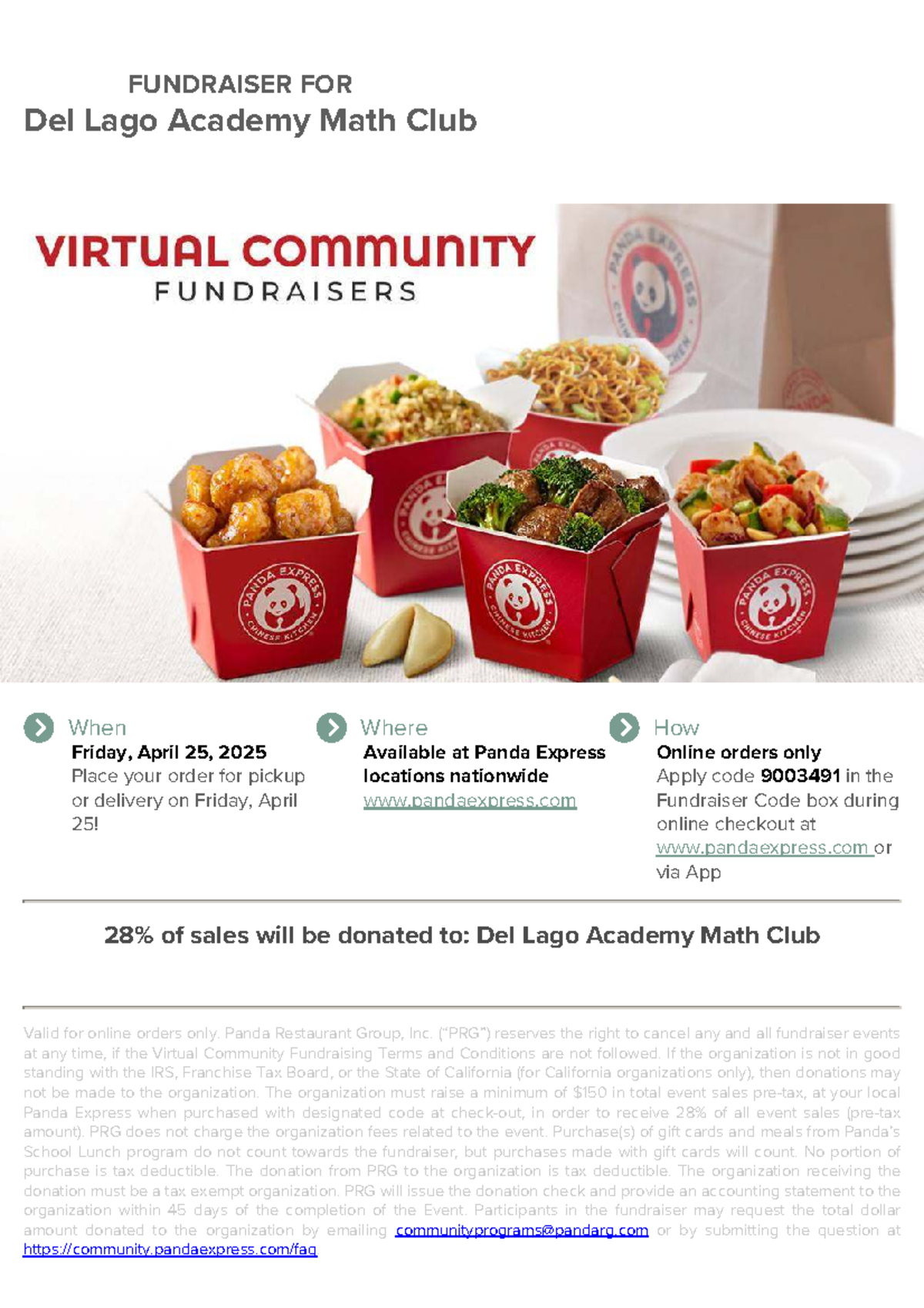 Del Lago Academy Math Club Fundraiser at Panda Express - April 25, 2025 ...