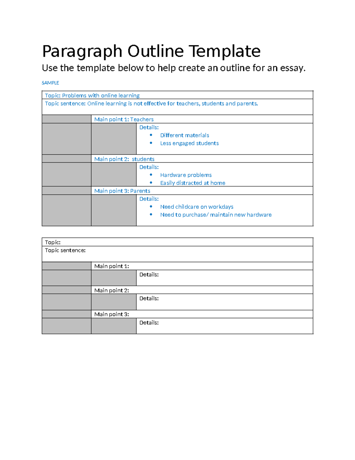 Generic paragraph Outline template - Paragraph Outline Template Use the ...