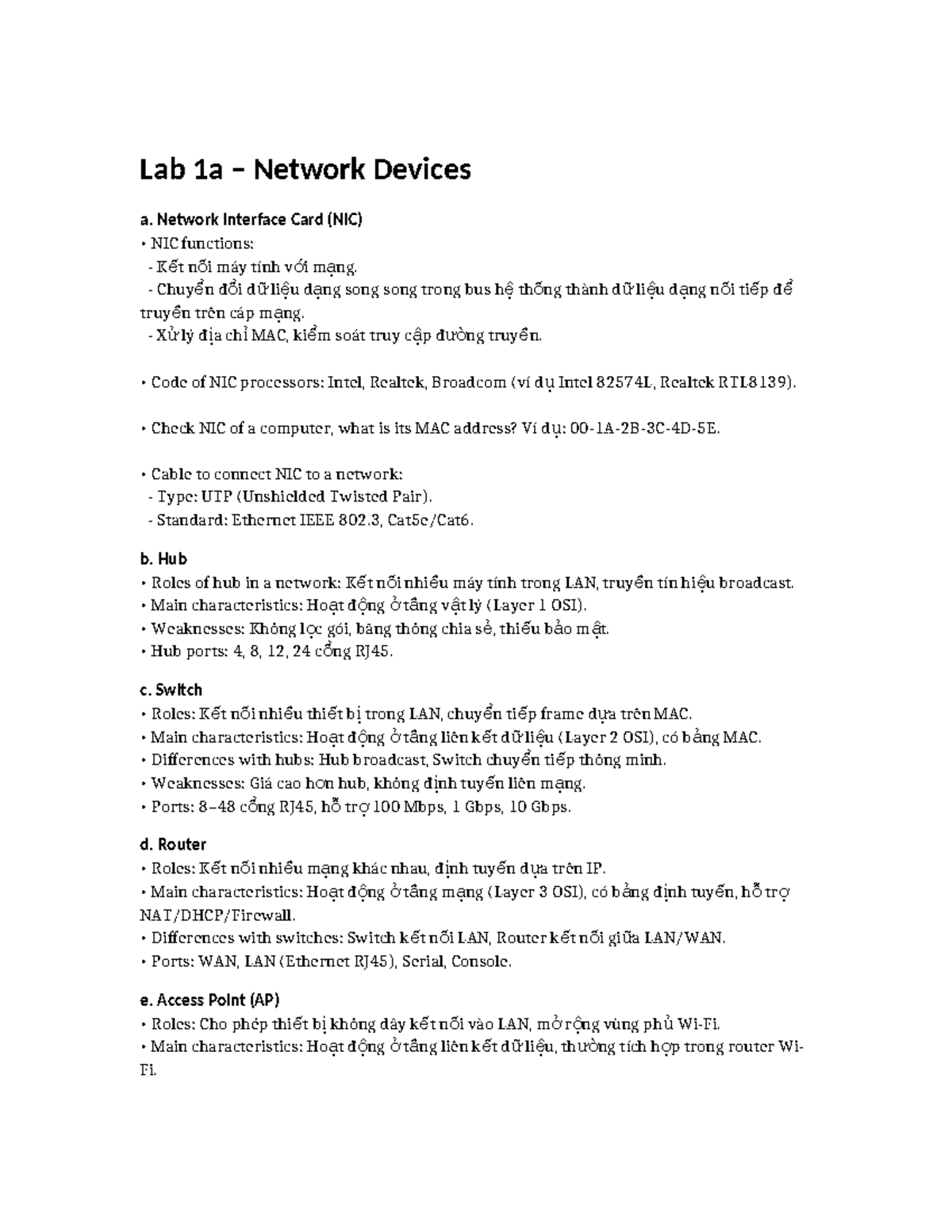 Lab 1a: Overview of Network Devices and Their Functions - Studocu