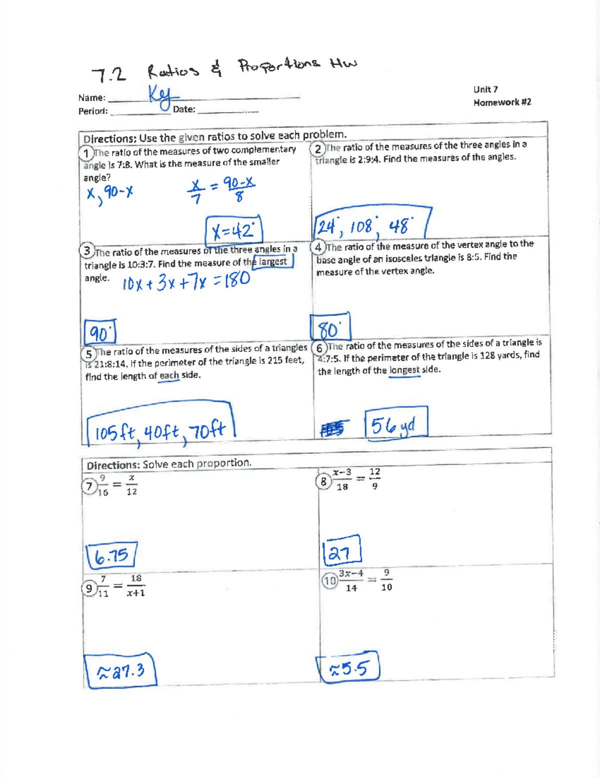 7.2 Ratios & Proportions Homework Key - Unit 7 - Studocu