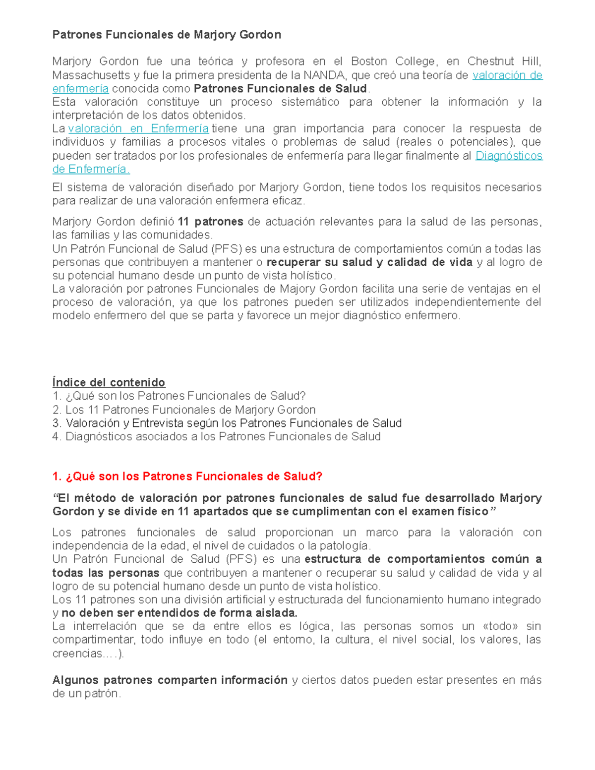 Los 11 Patrones Funcionales de Salud según Marjory Gordon - Guía Completa - Studocu