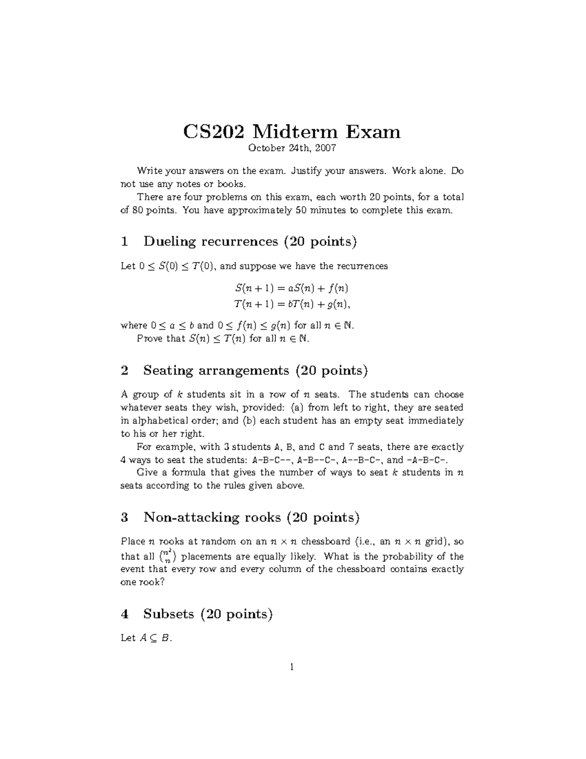 CS202 Questions - theory of automata (cs402) - CS202 Midterm Exam October 24th, 2007 Write your ...