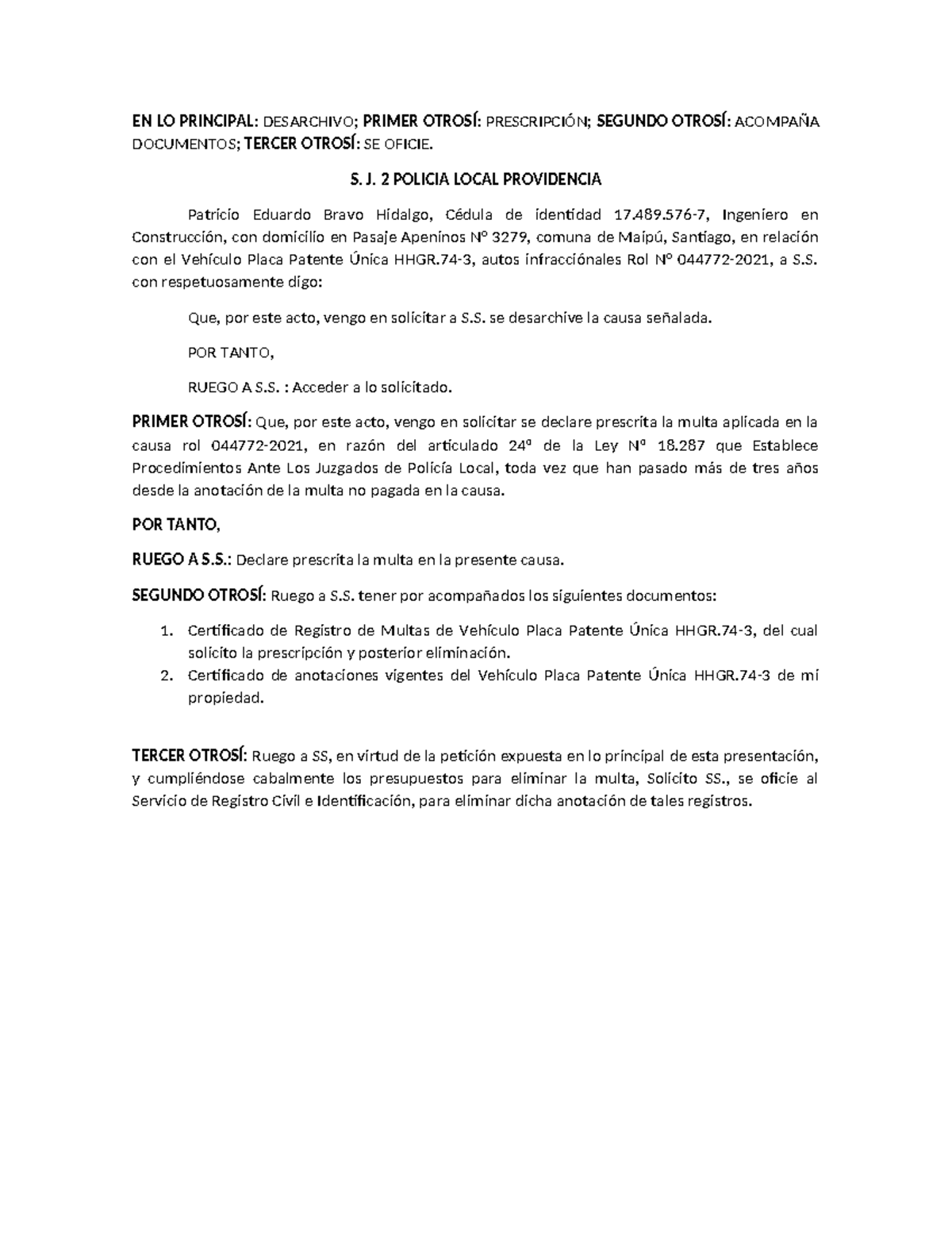 Solicitud de Prescripción de Multa - Rol S.S. 2 Policía Local - Studocu