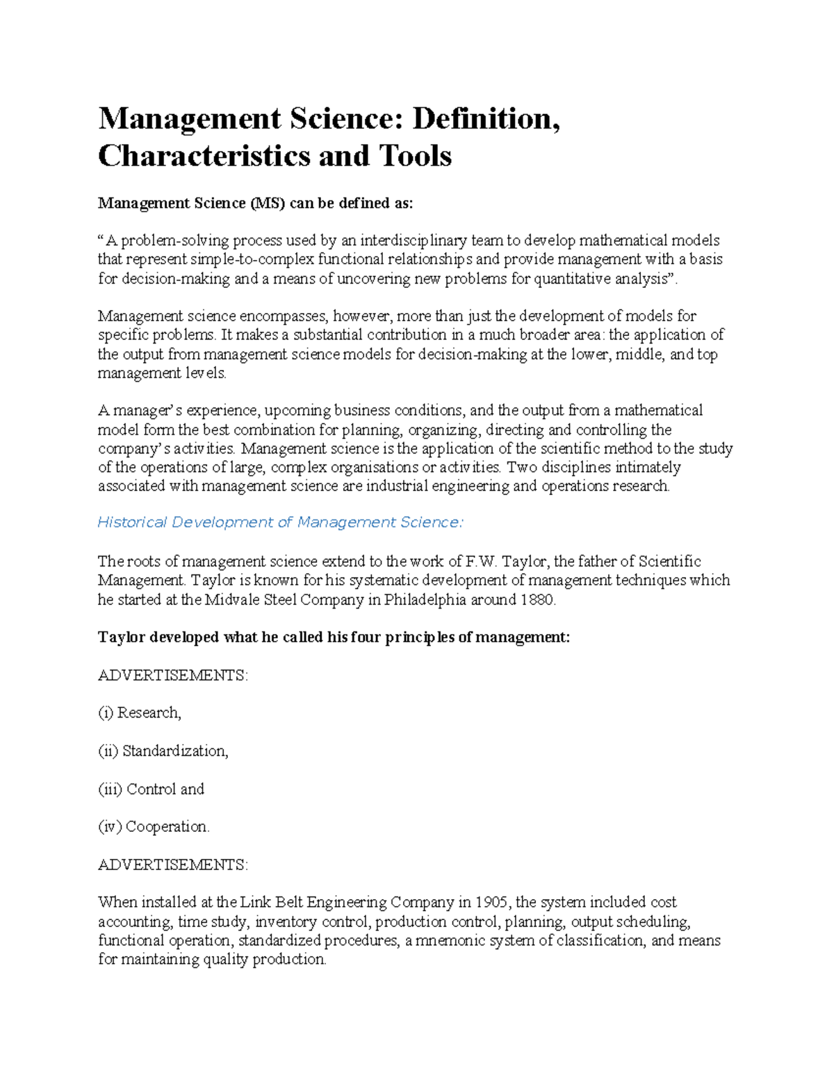 Management Science: Definition, Scope, and Tools Overview 101 - Studocu