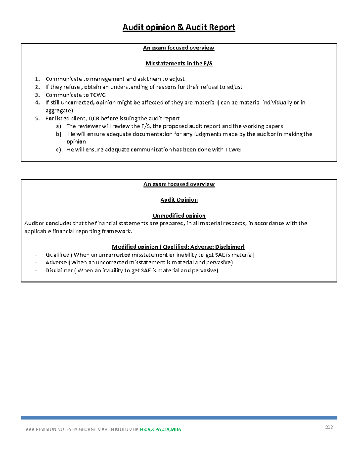 Audit Opinions Overview: Key Insights for Exam Success (ACC 218) - Studocu