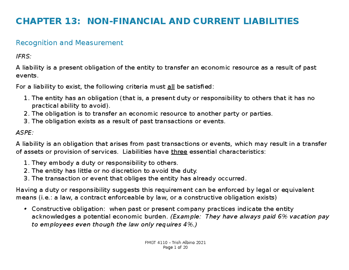 Chapter 13 Lecture Notes (TA 2021) - Non-Financial and Current ...