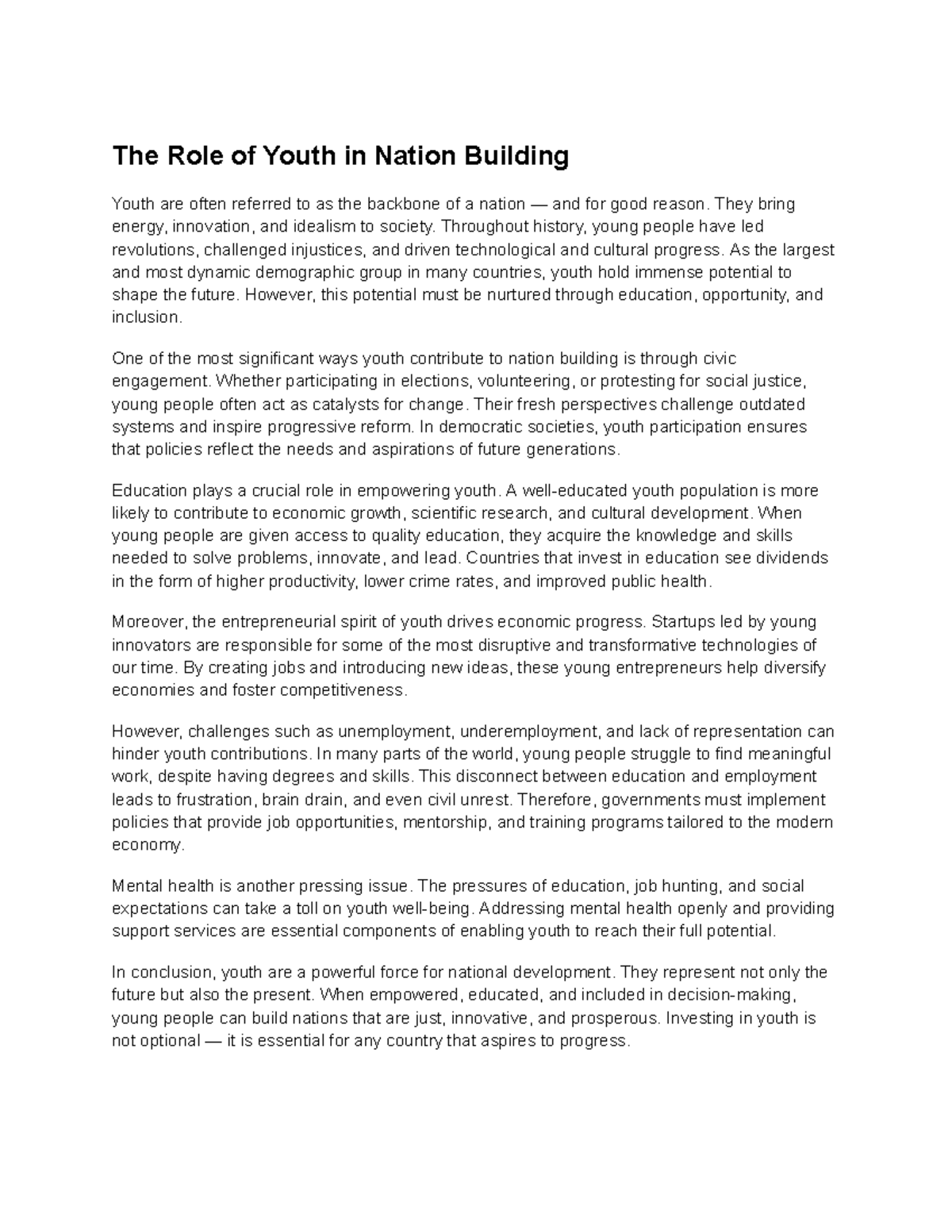 The Impact of Youth on Nation Building: Empowerment and Challenges ...