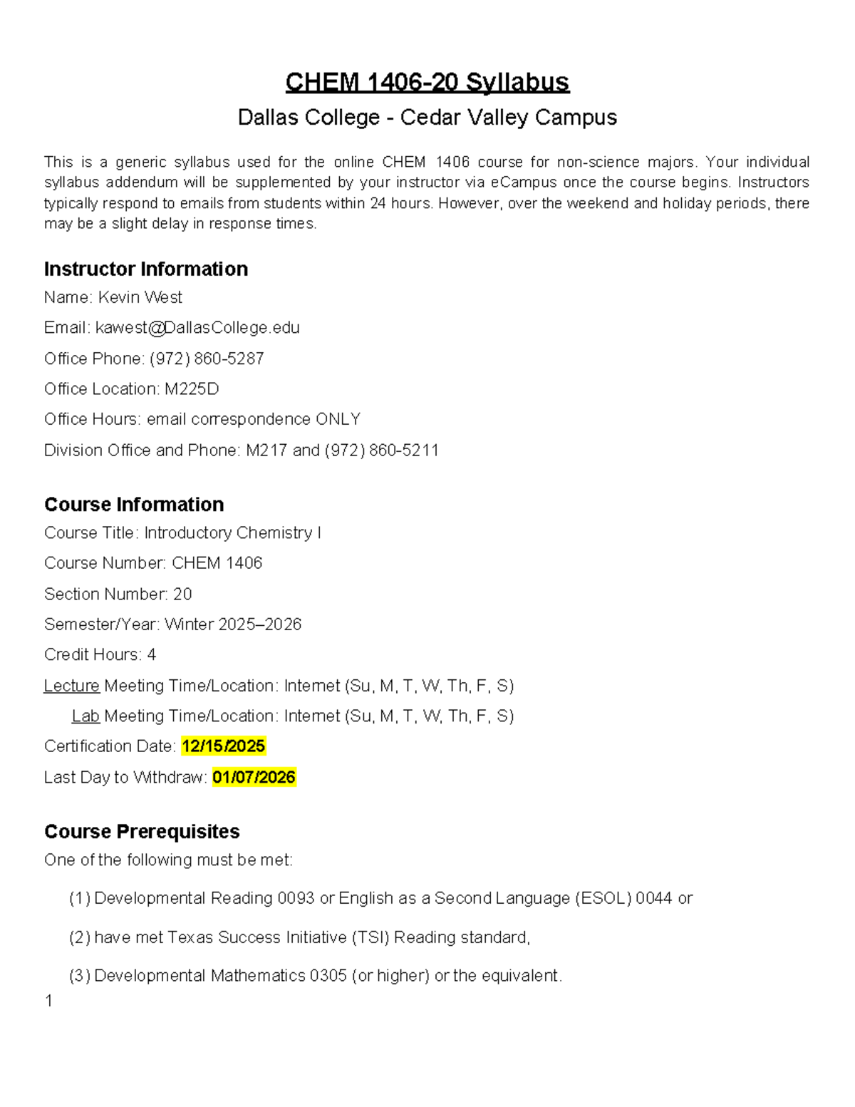 CHEM 1406 Syllabus - Introductory Chemistry I (Winter 2026) - Studocu