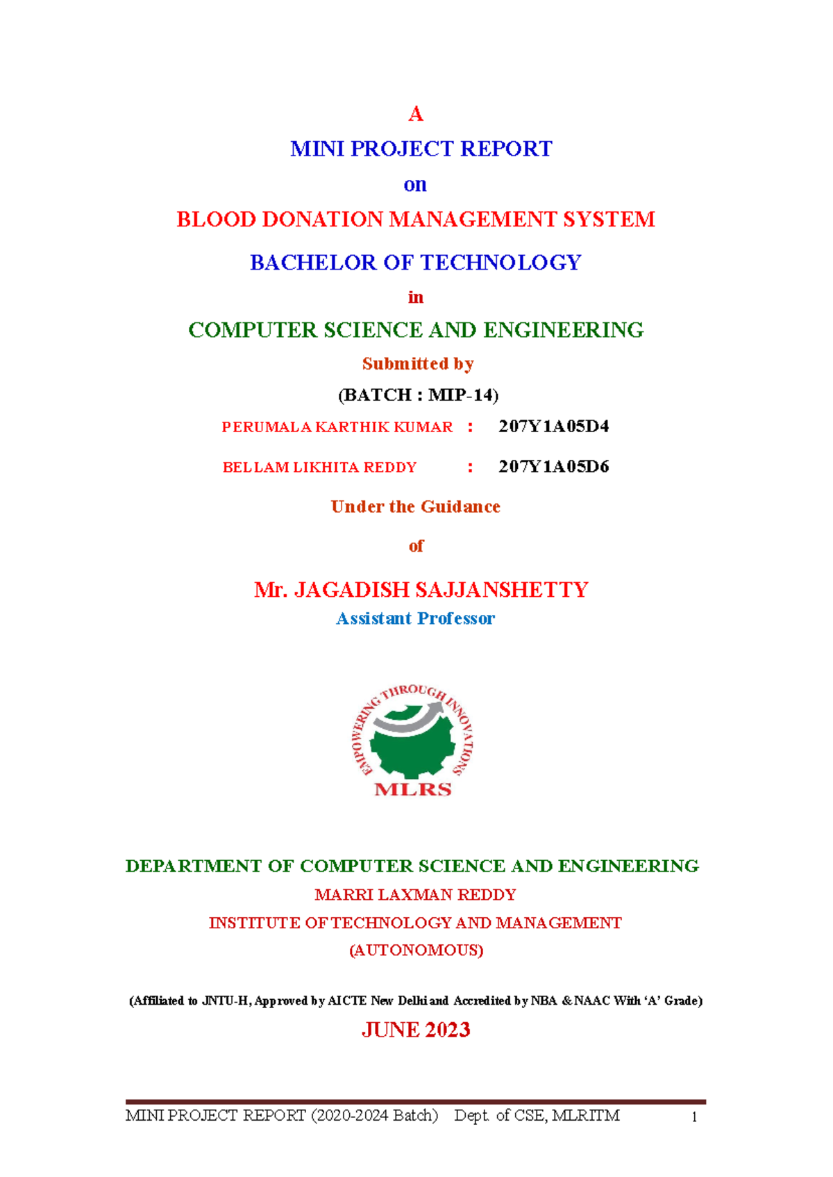 Mini Project Report on Blood Donation Management System - CSE MIP-14 - Studocu