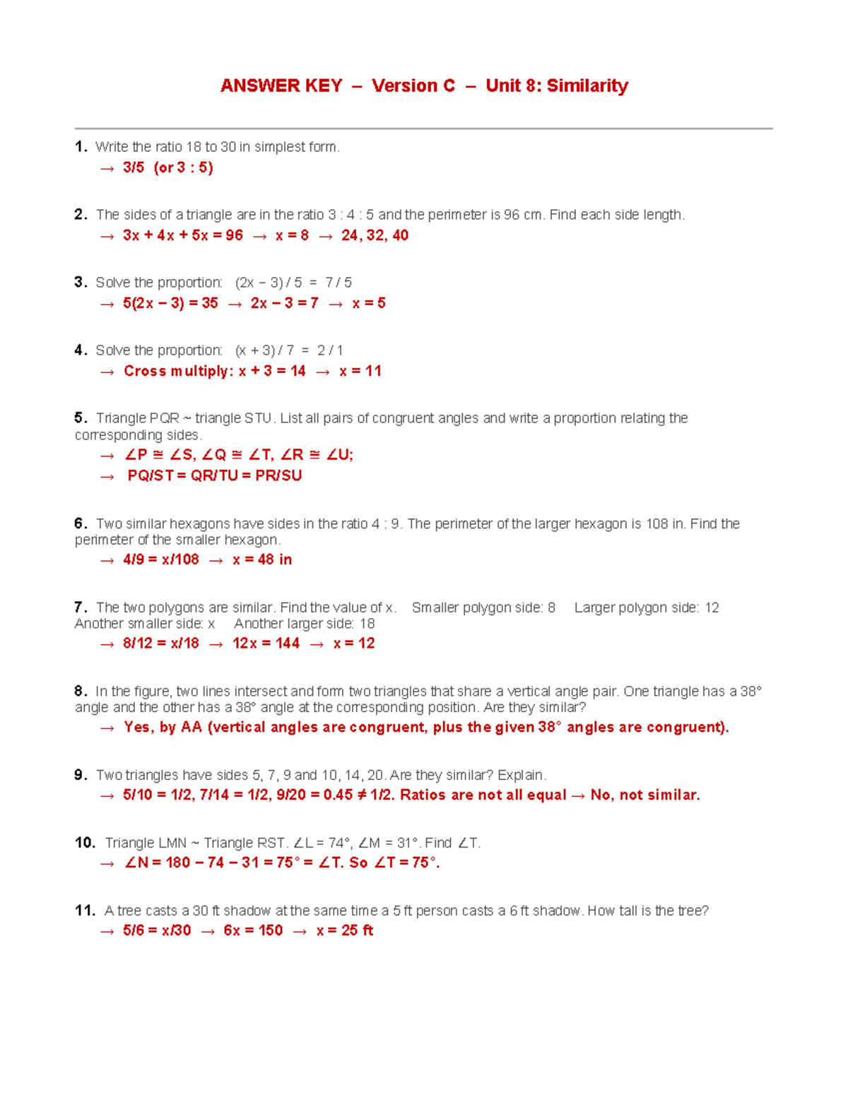 Unit 8 Answer Key C: Similarity Problems & Solutions - Studocu