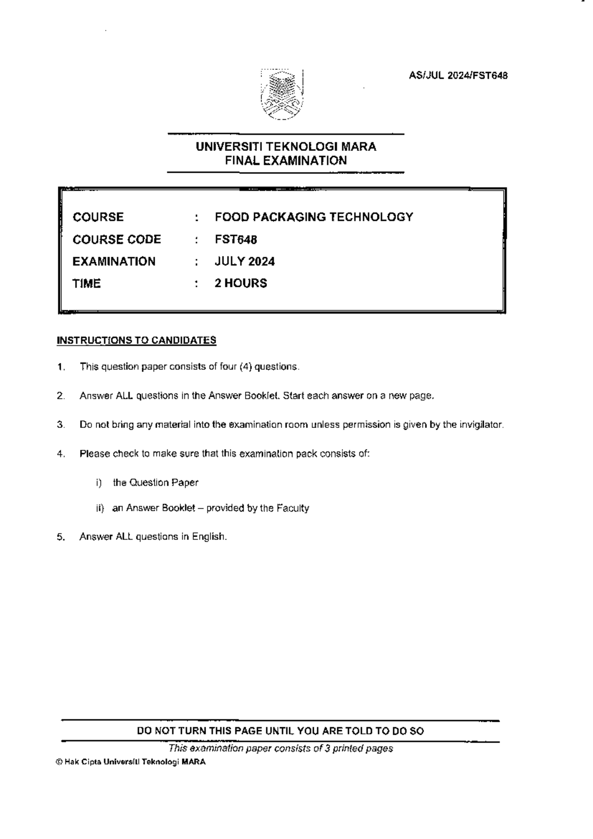 FST648 - Final Exam Paper for Food Packaging Technology - Studocu