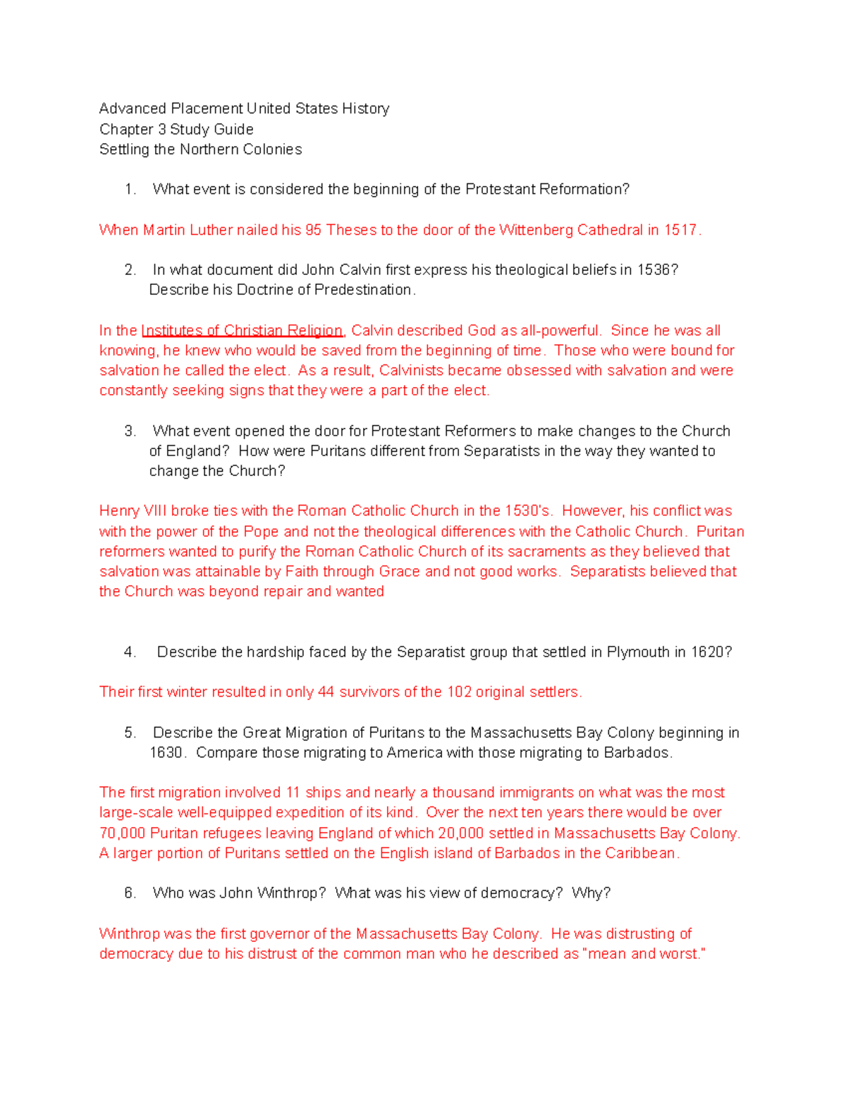 APUSH Ch. 3 Study Guide: Settling the Northern Colonies - Studocu