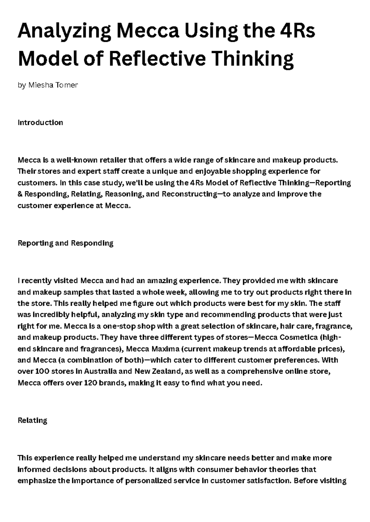 4R's Model of Reflective Thinking Assignment: Analyzing Mecca's ...