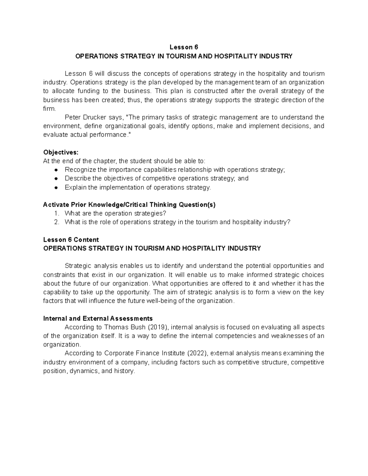 Midterm Lesson 6: Operations Strategy in Tourism & Hospitality - Studocu