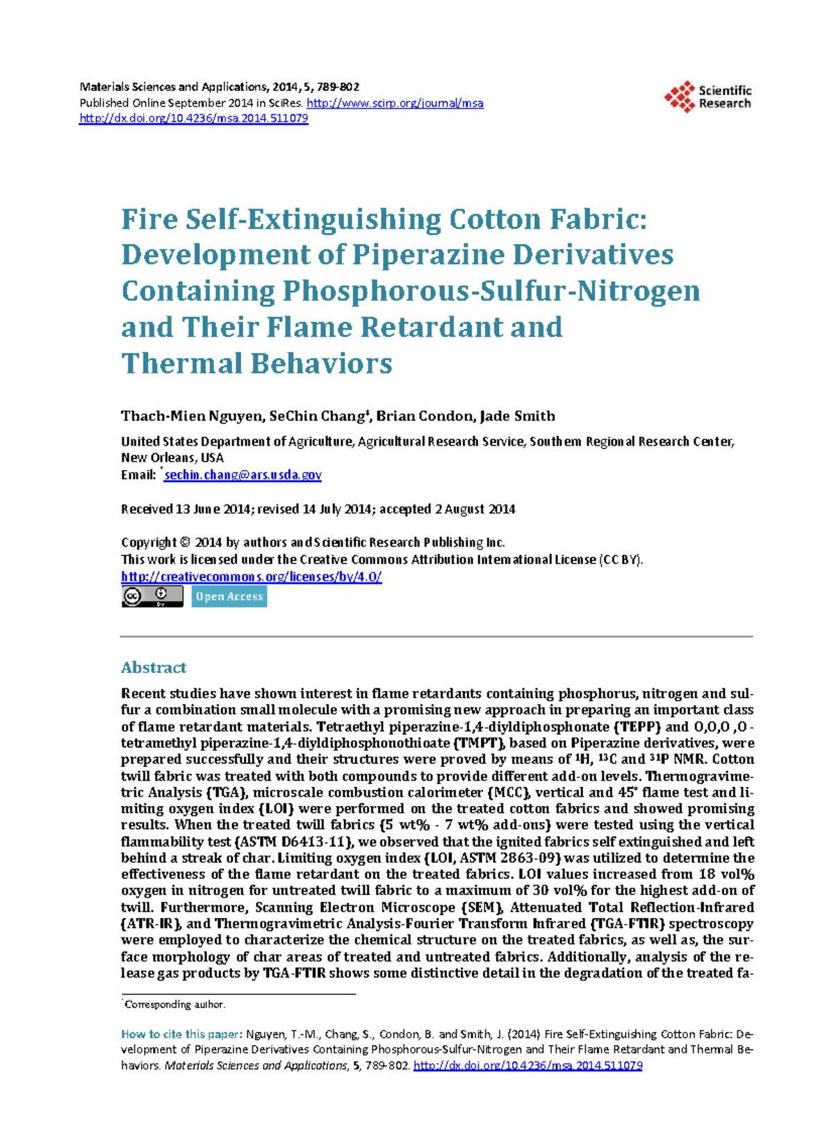 MSA 2014: Development of Flame Retardant Cotton Fabrics with Piperazine ...