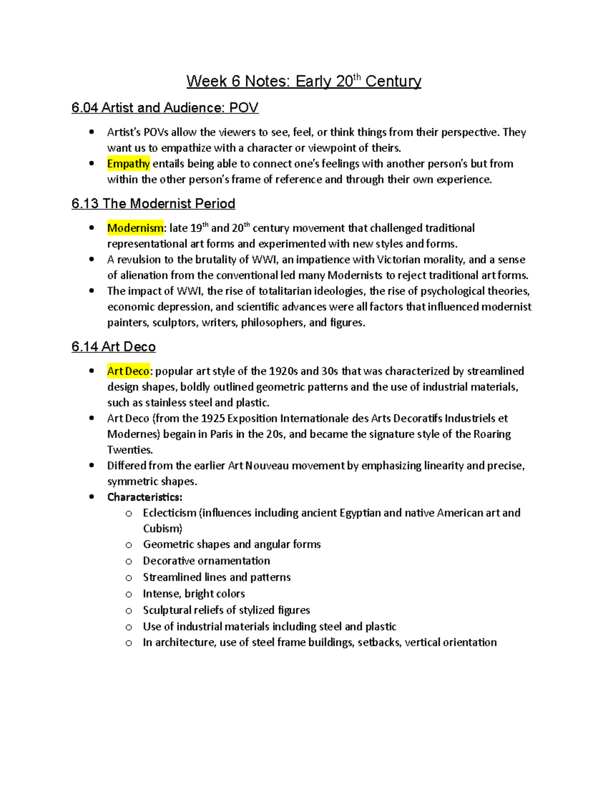 Week 6 Notes: The Evolution of Early 20th Century Modernism - Studocu