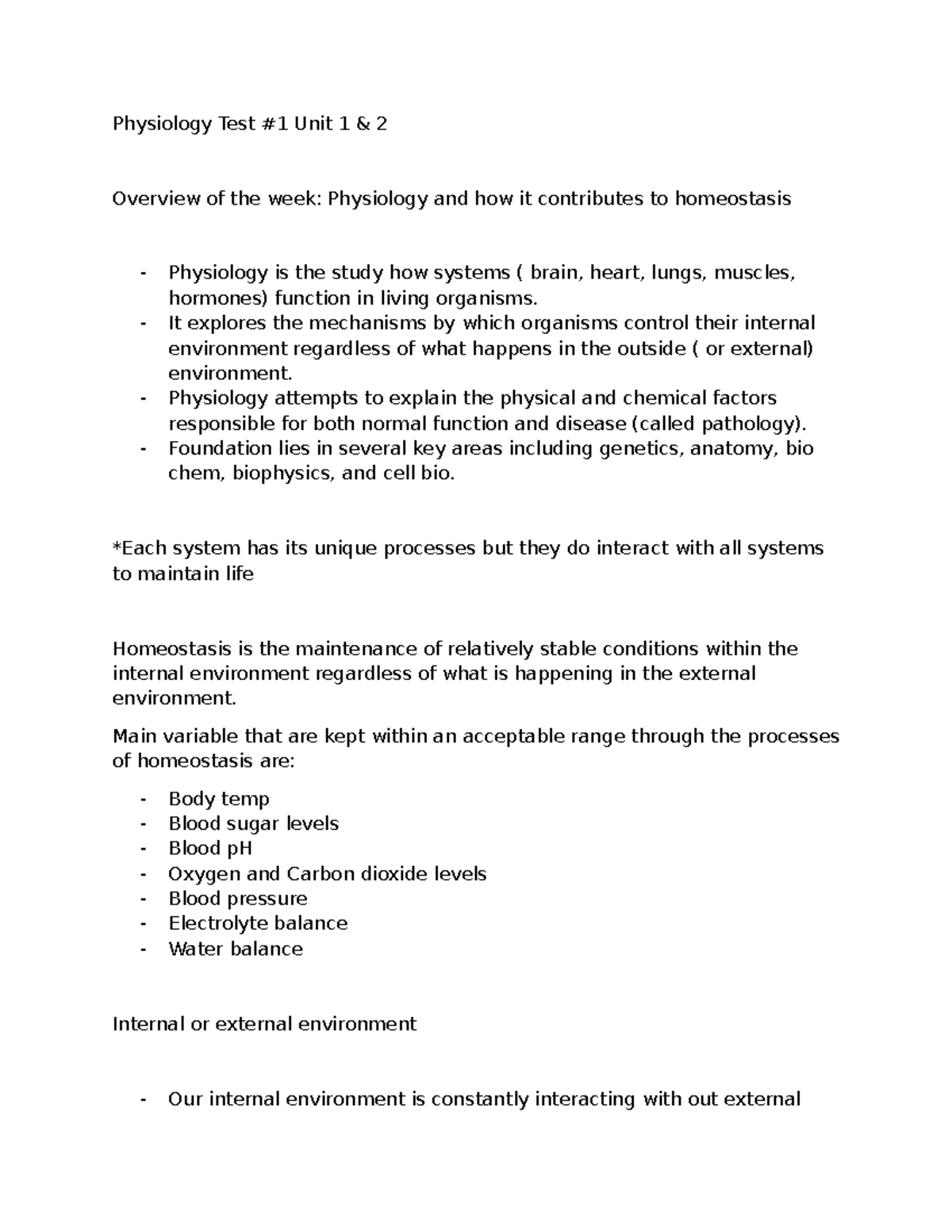 Physiology Test Unit 1 - Homeostasis and Body Systems Overview - Studocu