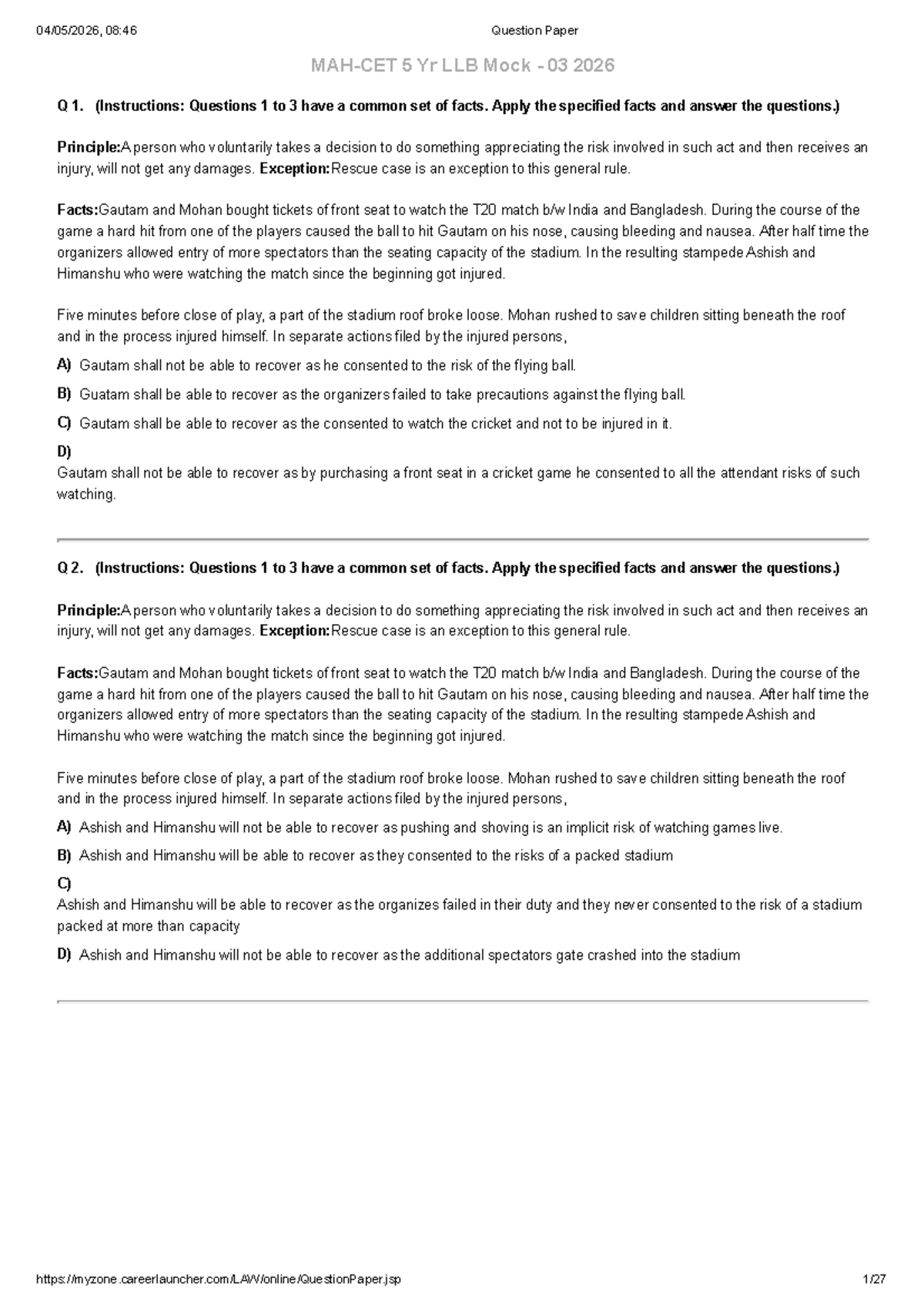 MHCET Mock 3 Question Paper 2026: Legal Principles & Case Analysis ...