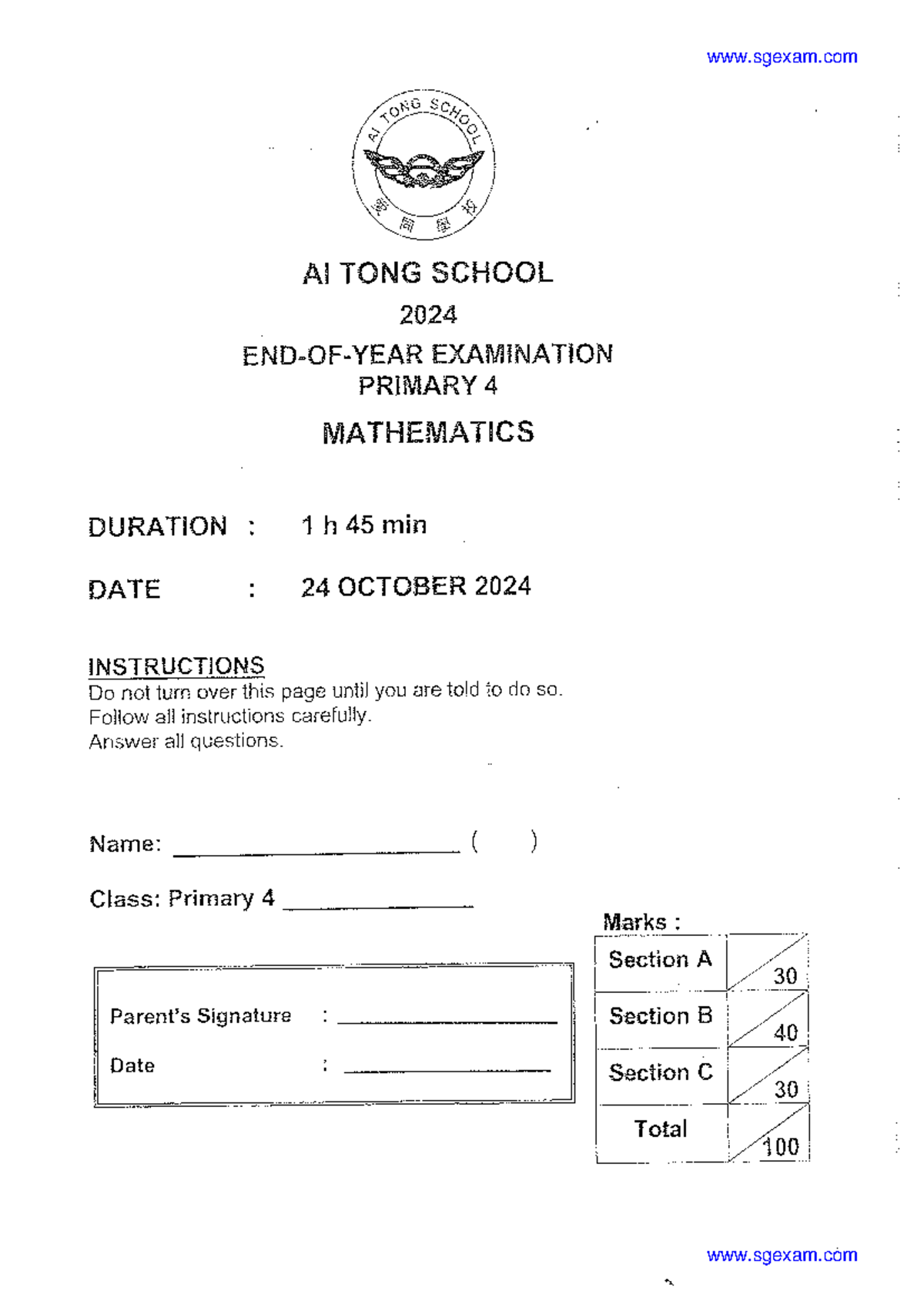 2024 P4 Mathematics End of Year Exam - Ai Tong School - Studocu