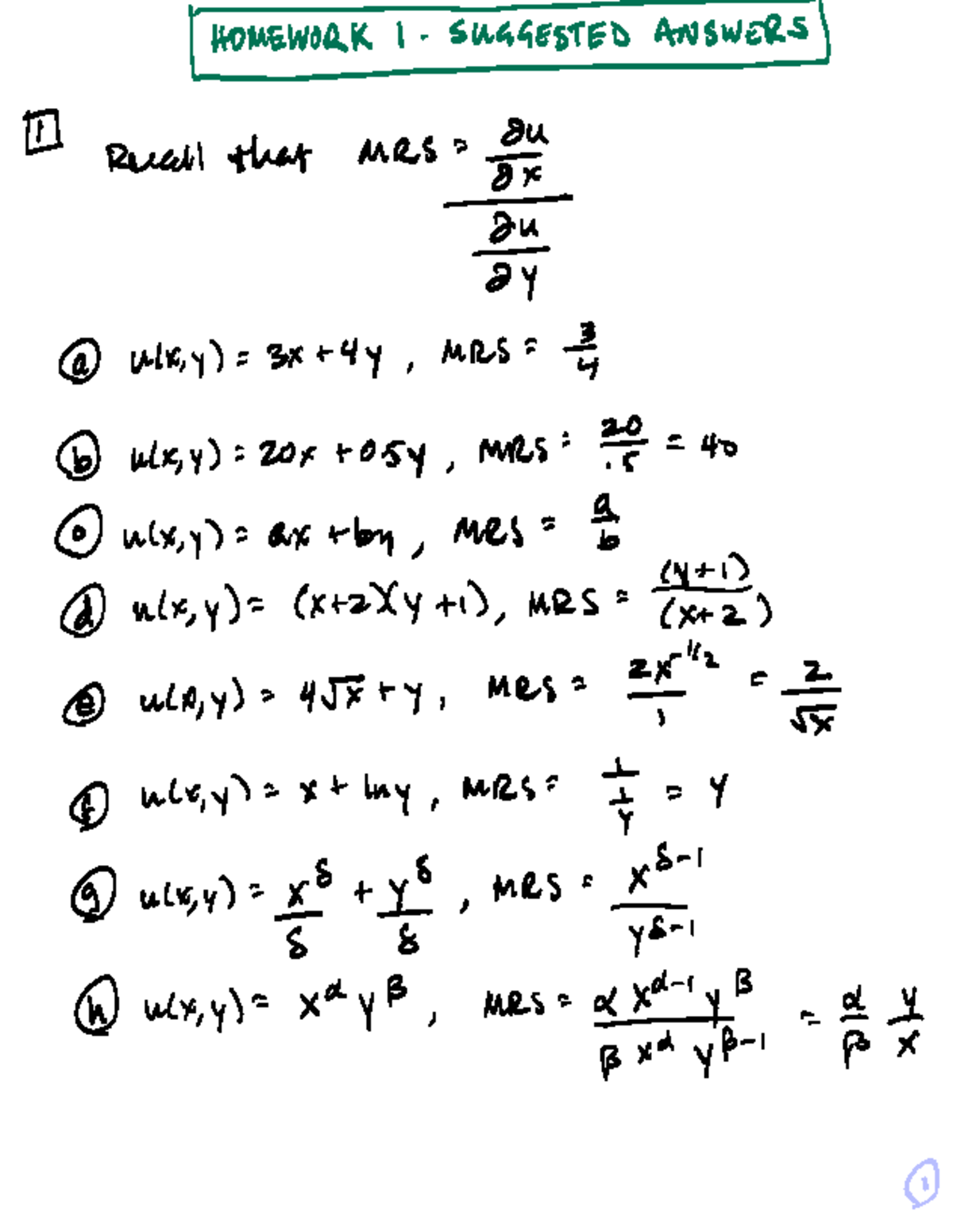 Econ301 Homework 1 Solutions: MRS and Utility Analysis - Studocu