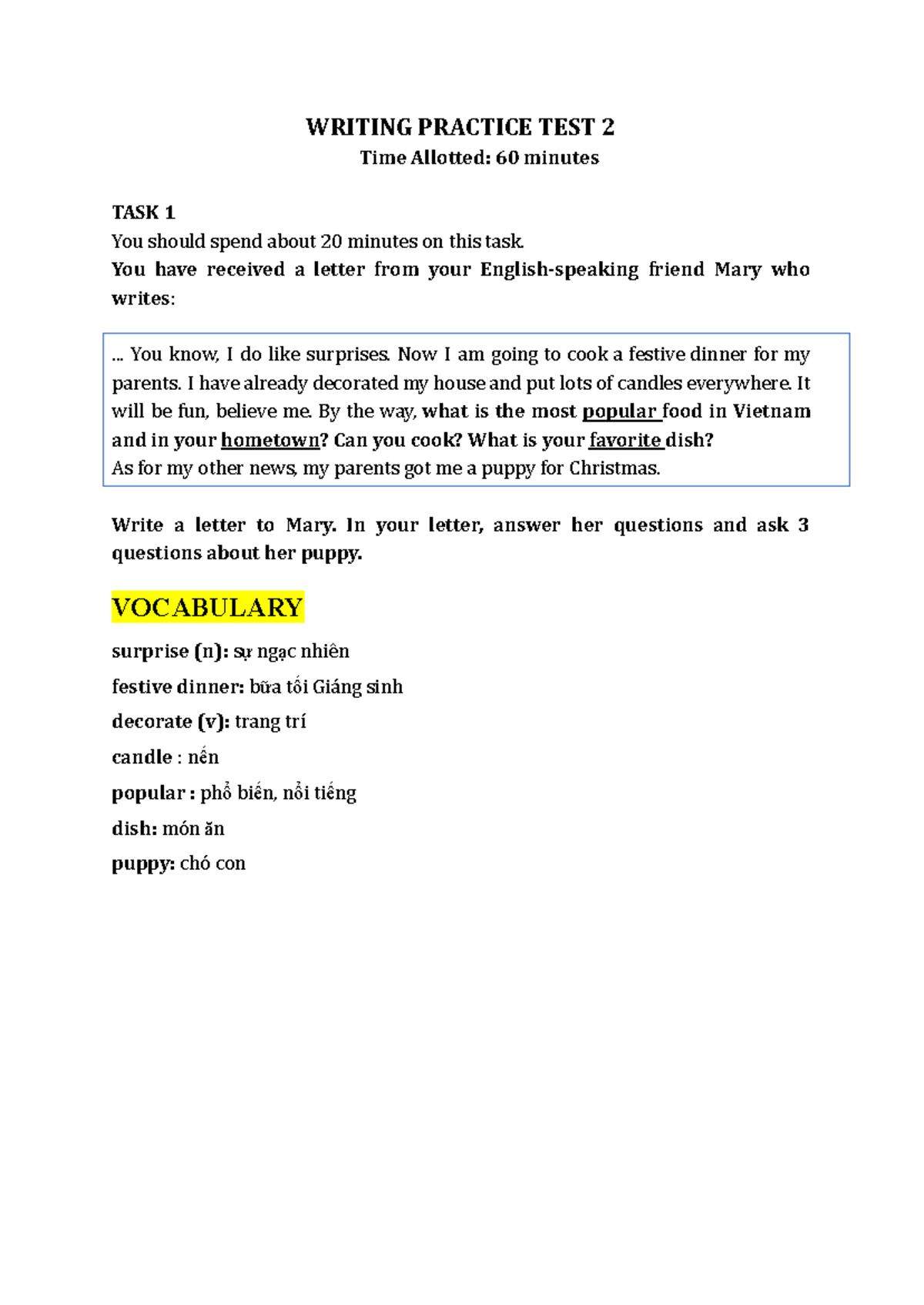 Writing Practice Test 2: Letter to Mary - Studocu