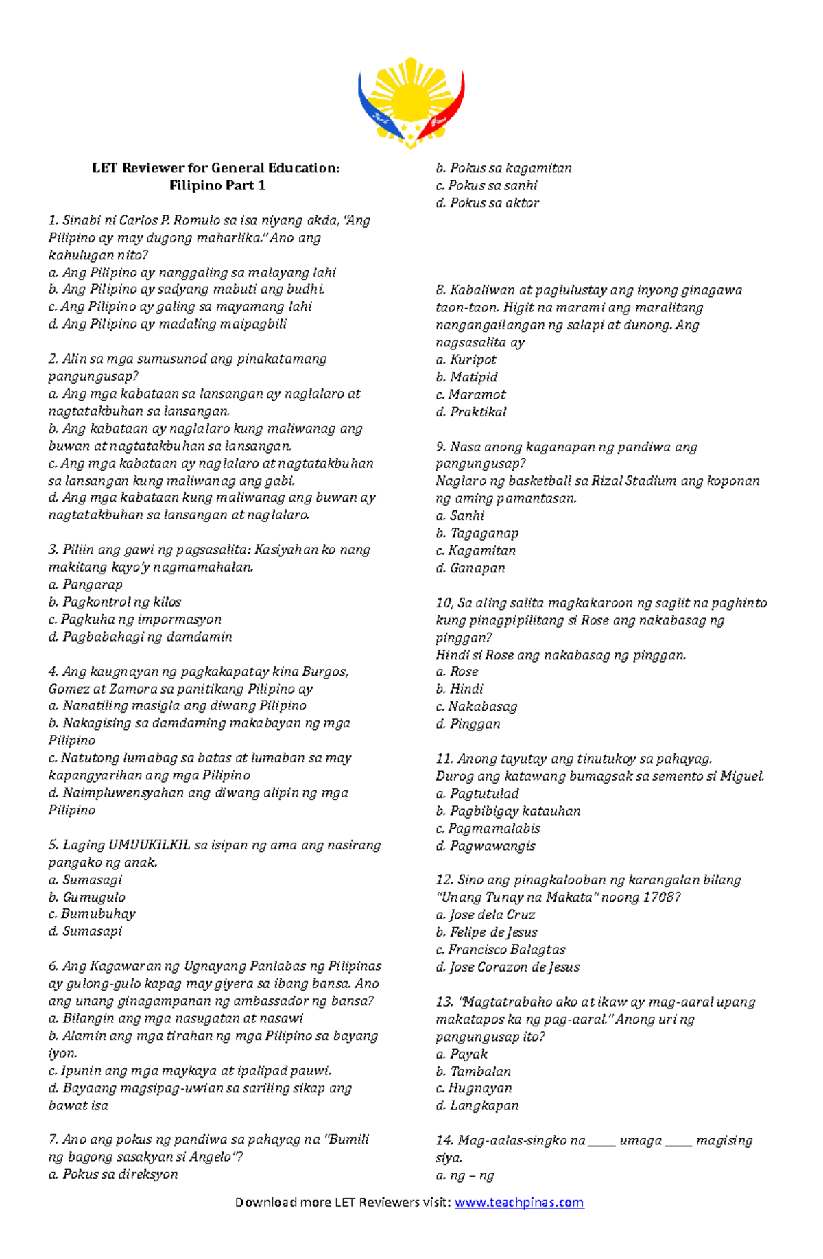 Filipino 1 - LET Practice Test for General Education Review - Studocu