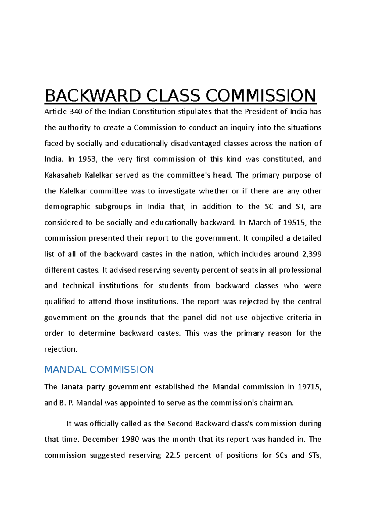Backward Class Commission: Historical Overview and Key Findings - Studocu