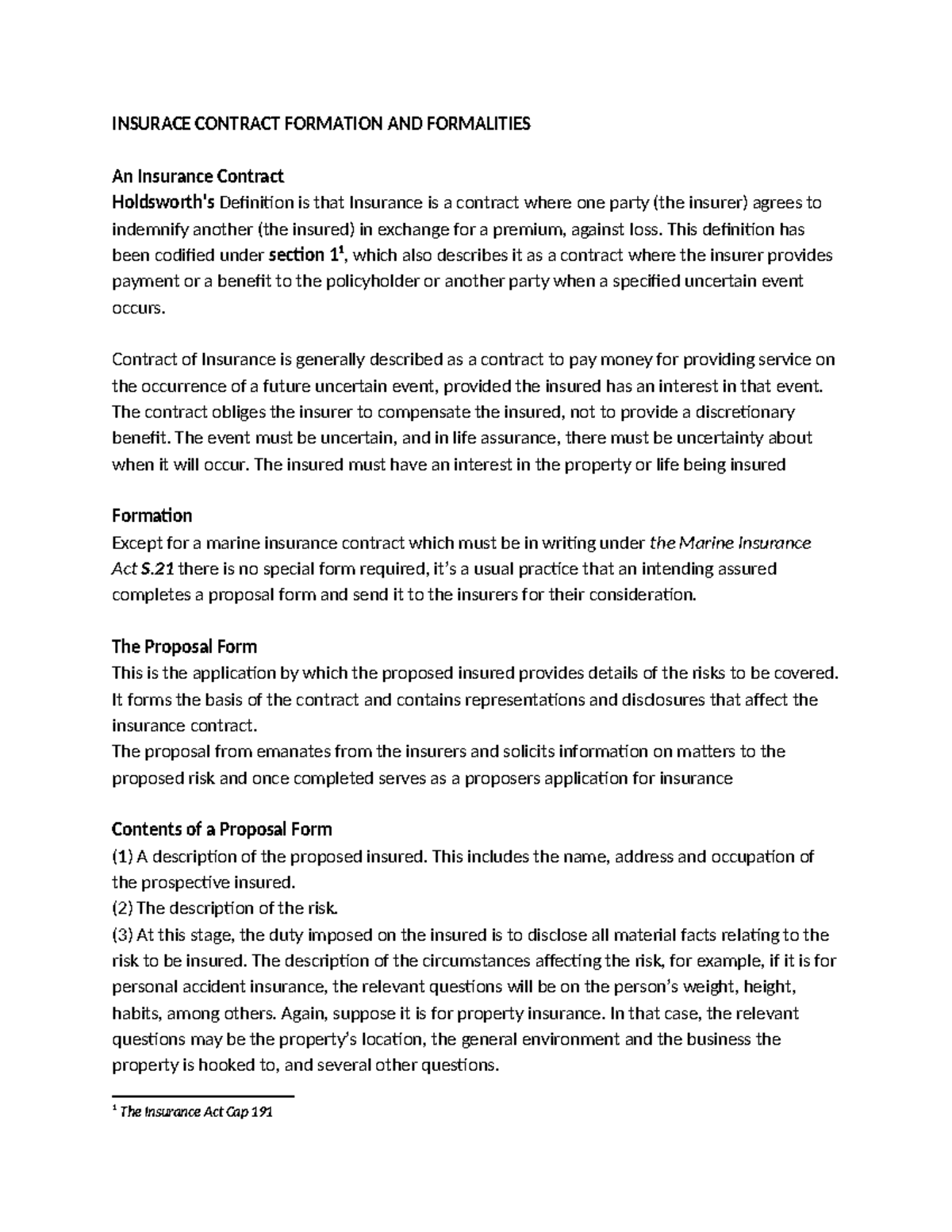 Formation of an Insurance Contract: Key Elements and Formalities - Studocu