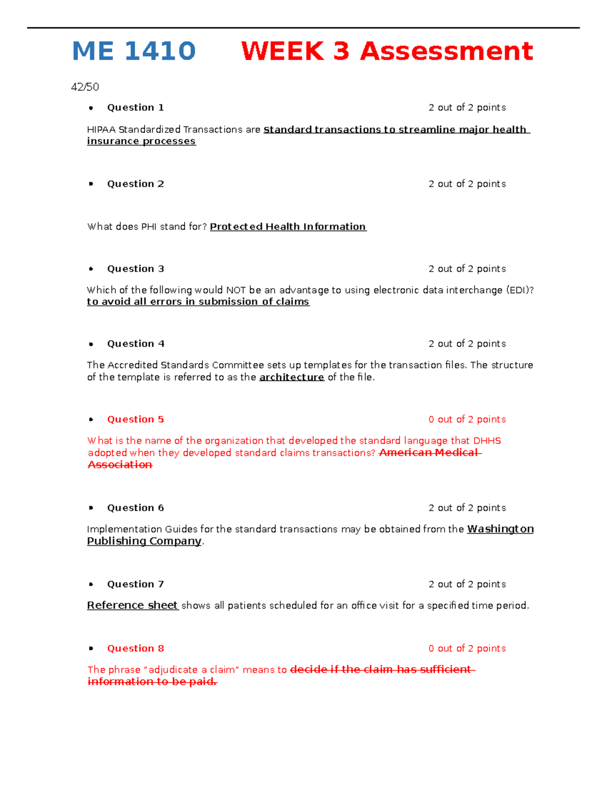 ME 1410 WEEK 3 Assessment - 42/ Question 1 2 out of 2 points HIPAA ...