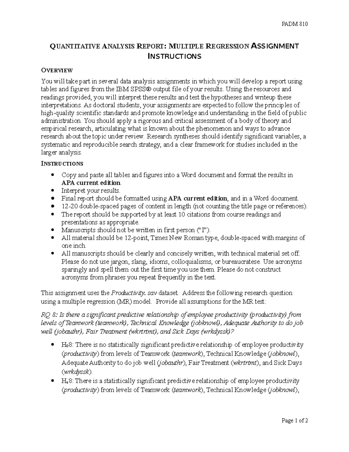 PADM 810: Quantitative Analysis Report on Multiple Regression ...