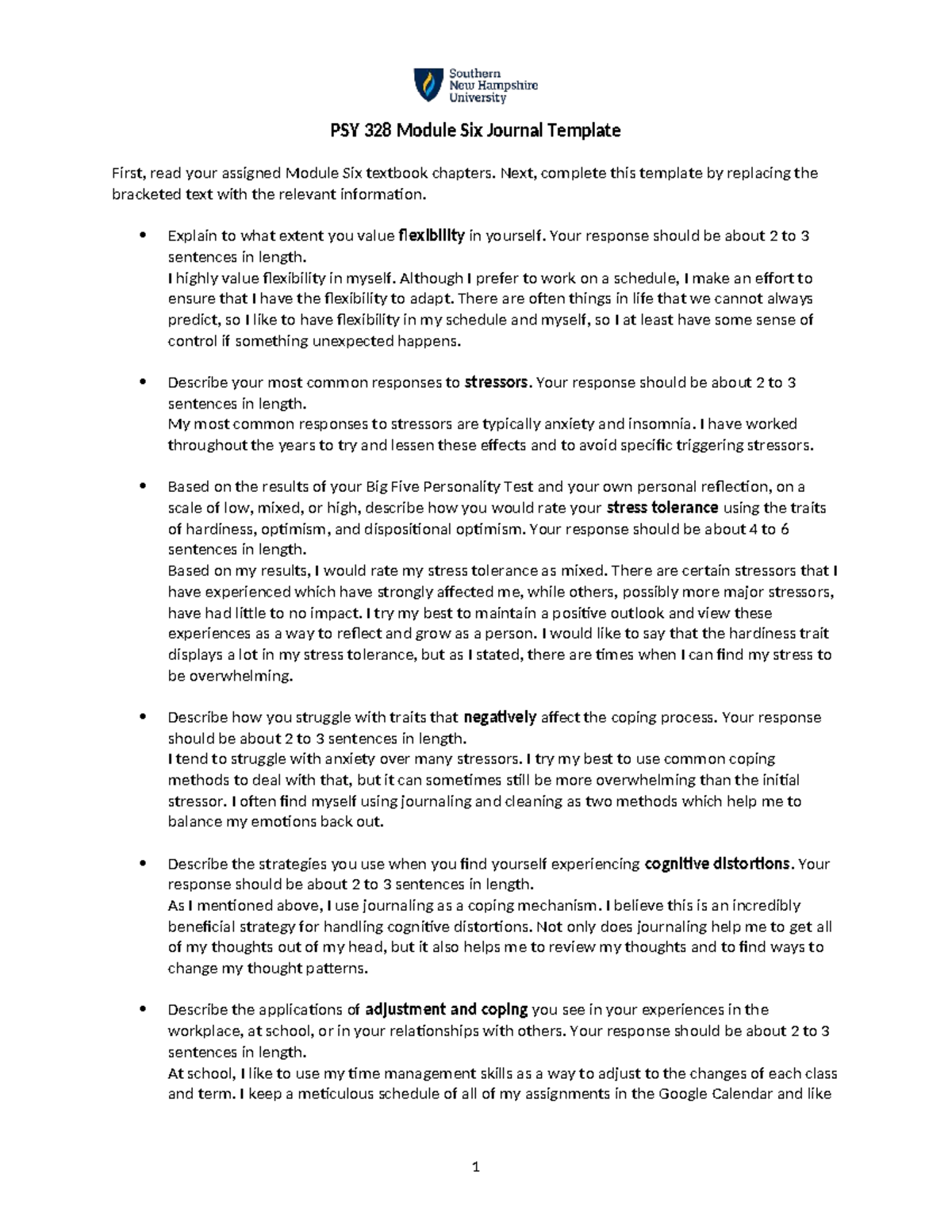 PSY 328 Module Six Journal: Reflections on Flexibility and Stress ...