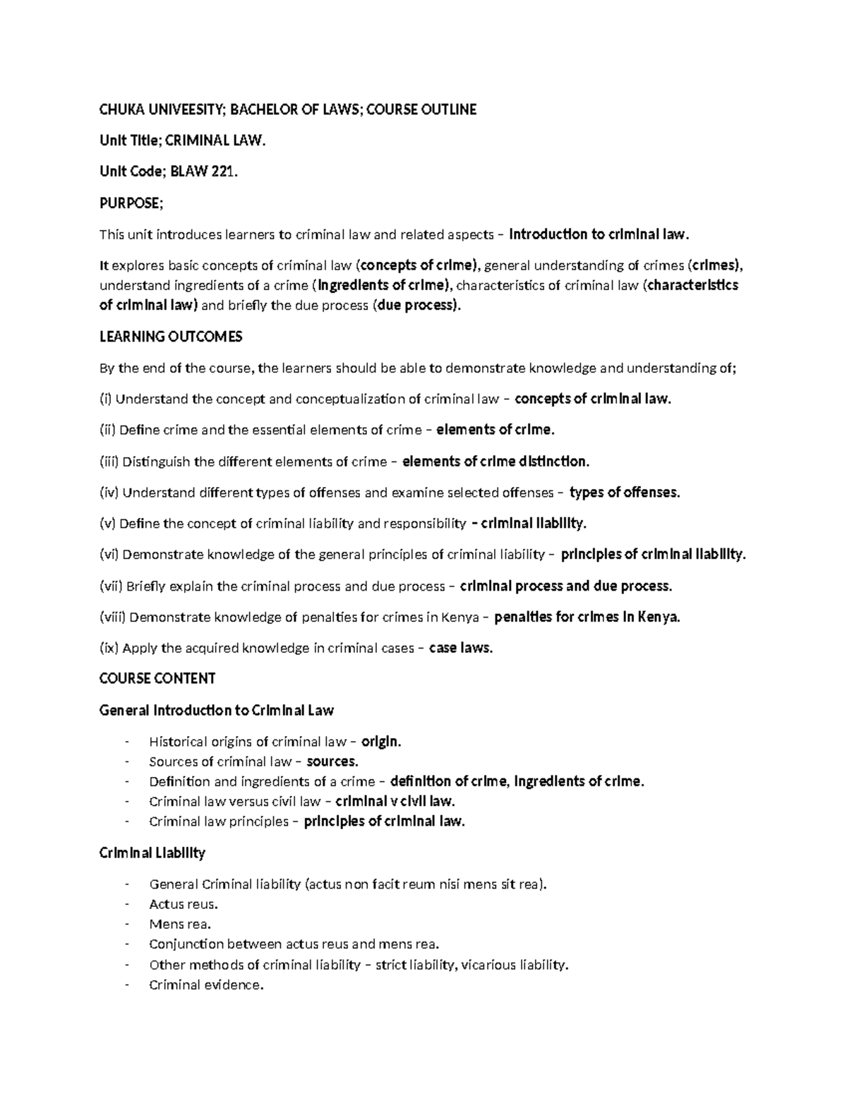 BLAW 221: Criminal Law Course Outline and Learning Objectives - Studocu