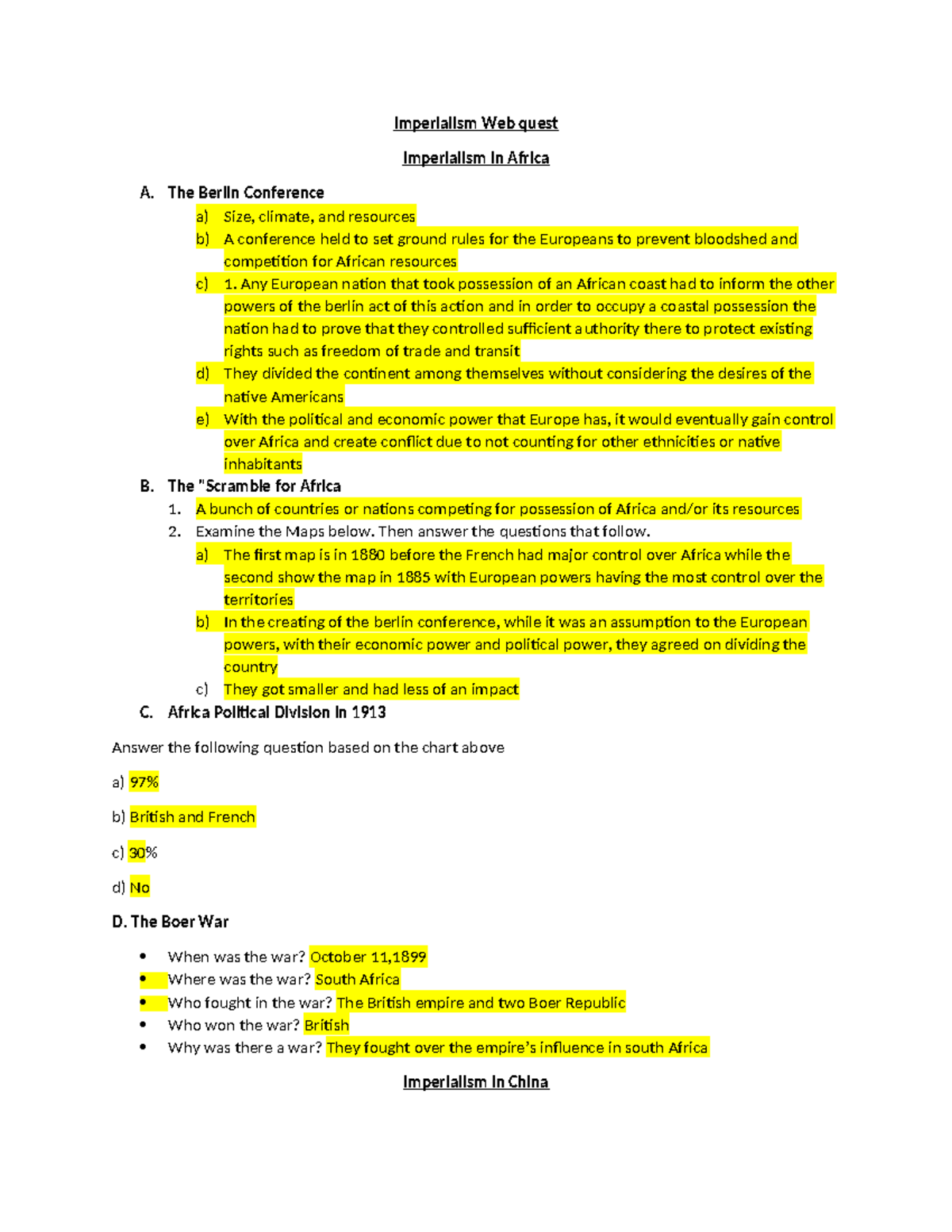 Imperialism Web quest Doc - Imperialism Web quest Imperialism in Africa ...