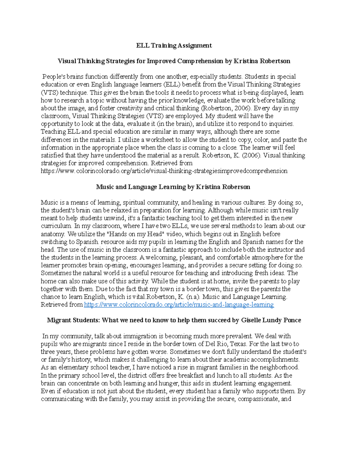 ELL Training Assignment: Visual Thinking Strategies & Music Learning ...
