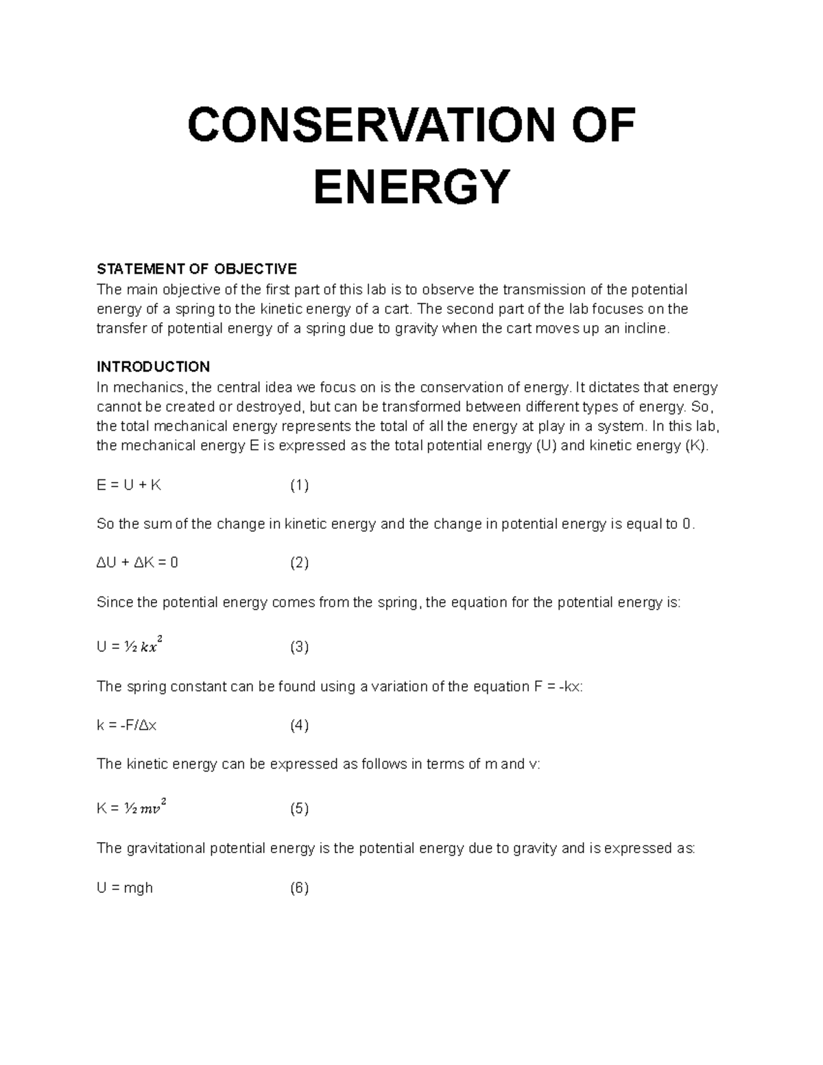 PHYS 123 Lab #7 - Laboratory Answers and Data - CONSERVATION OF ENERGY ...