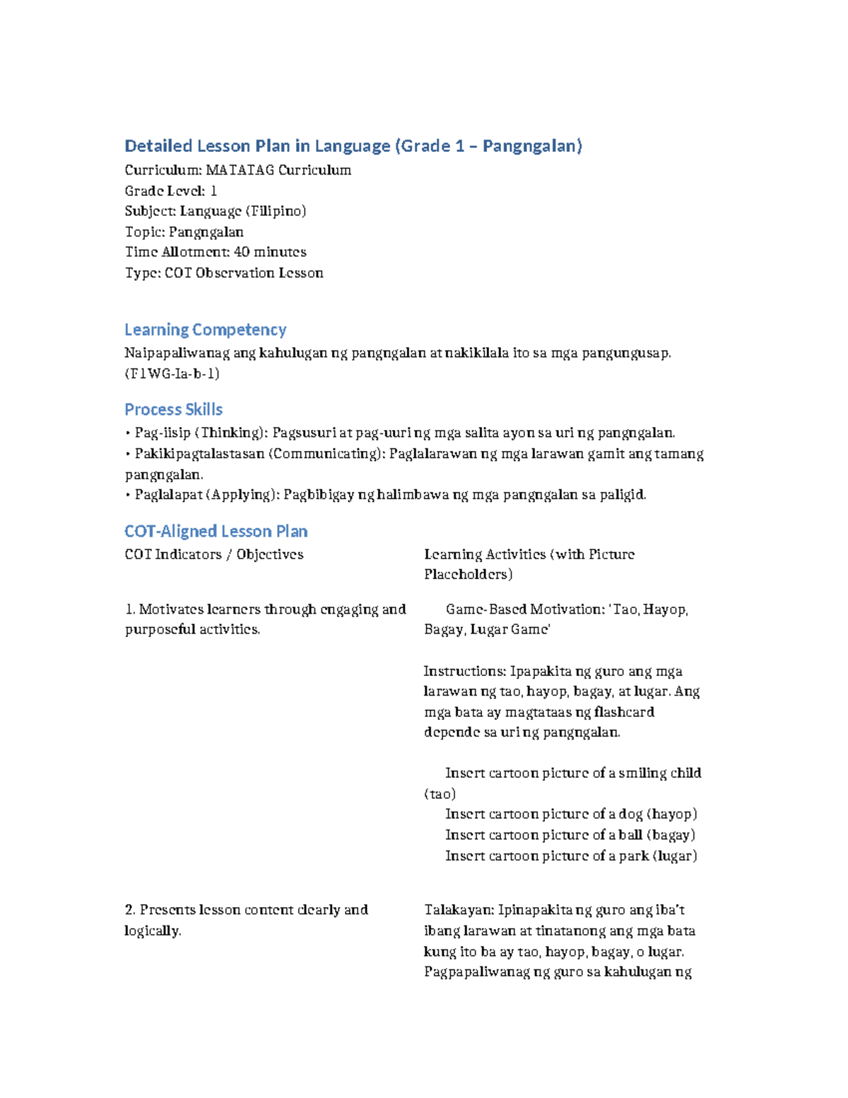 Detailed Lesson Plan: Pangngalan for Grade 1 (COT) - Studocu