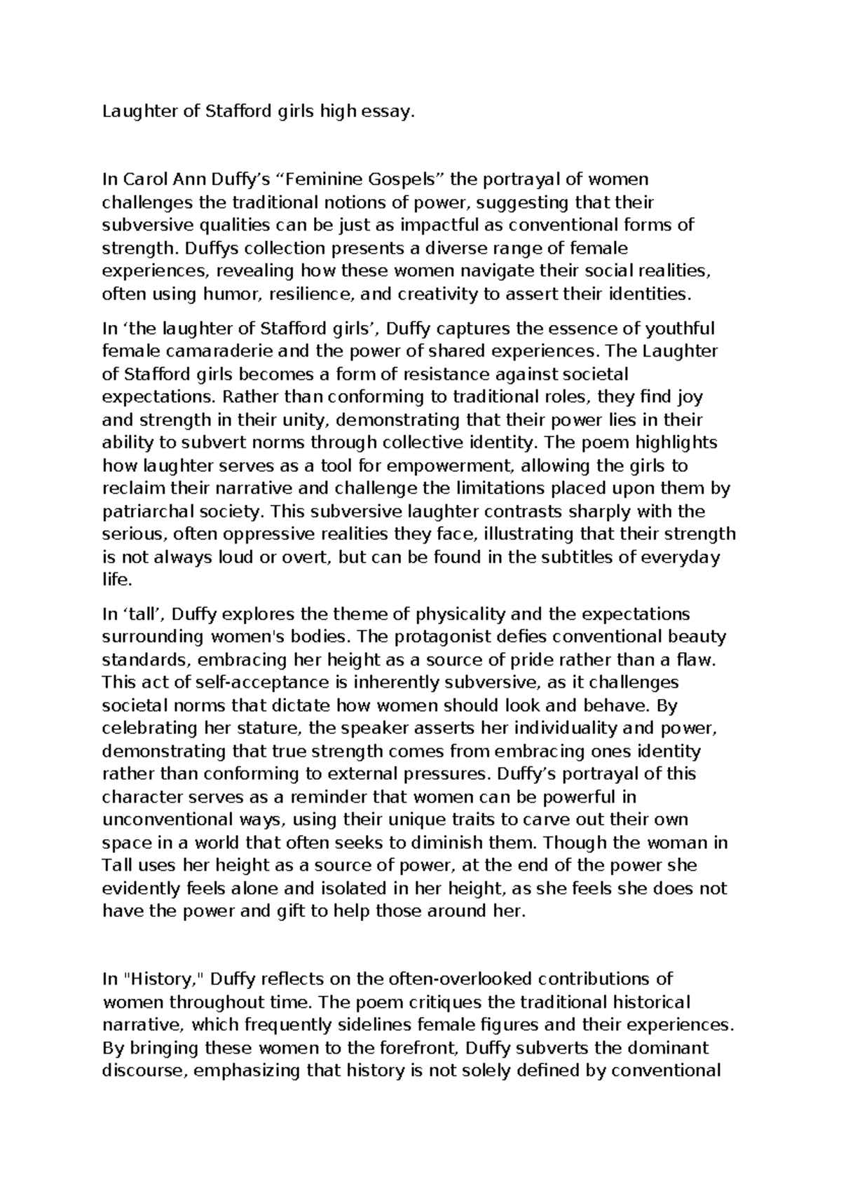 Laughter of Stafford Girls: A Subversive Analysis of Duffy's Women ...