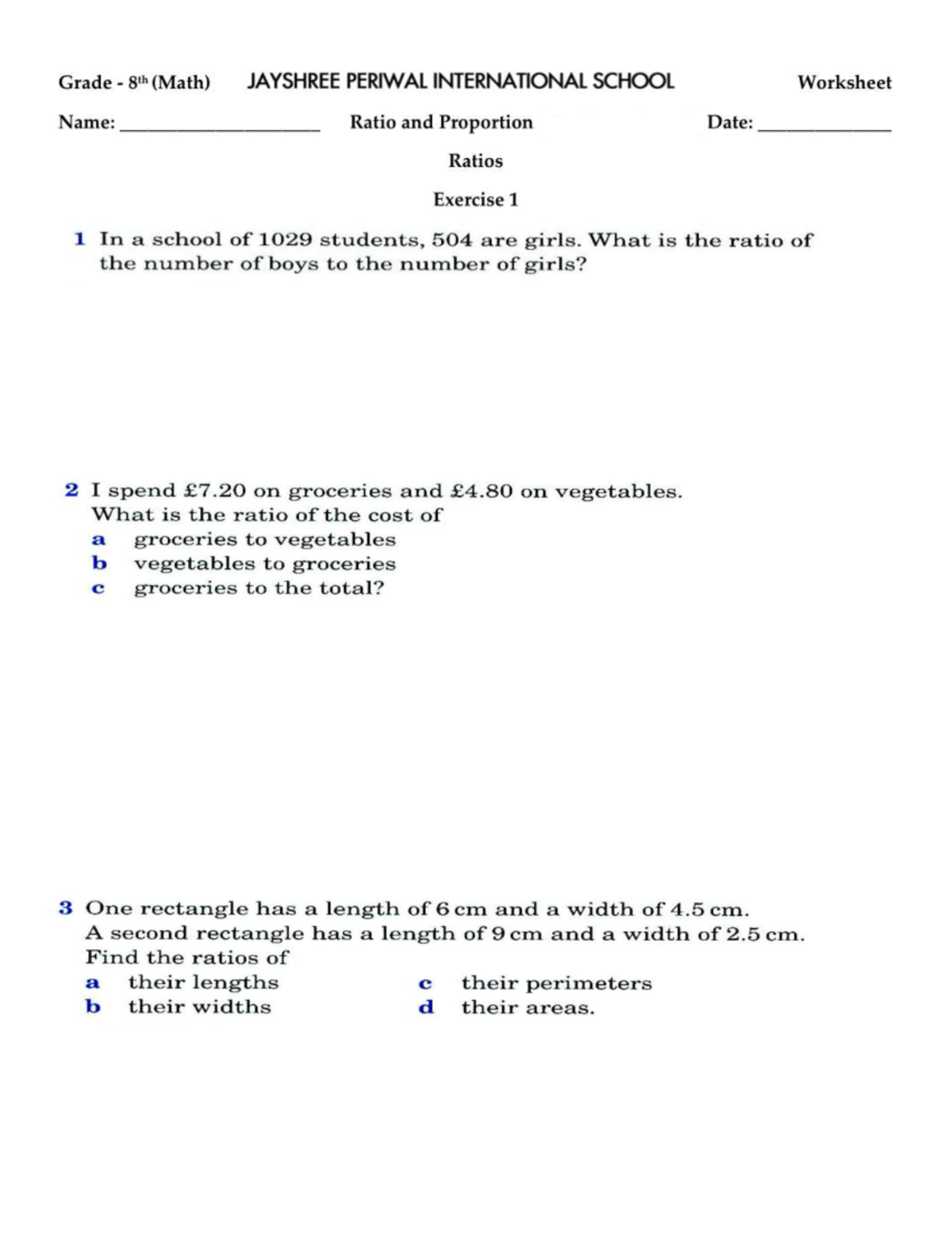 Grade 8 Math Worksheet: Ratios & Proportions Exercises (JPI School ...