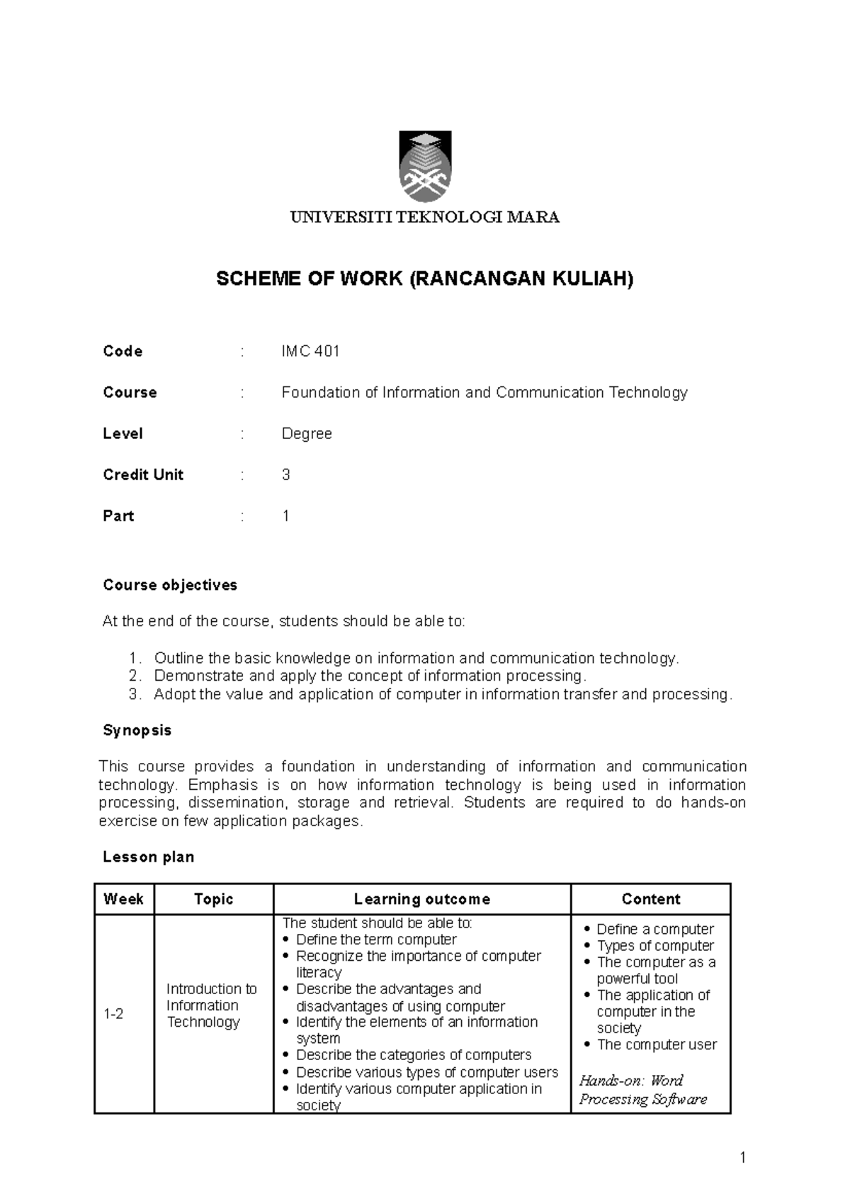 IMC 401 Scheme of Work: Foundation of ICT Course Overview - Studocu