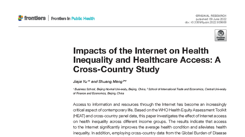 Impacts of the Internet on Health Inequality & Access: A Cross-Country ...