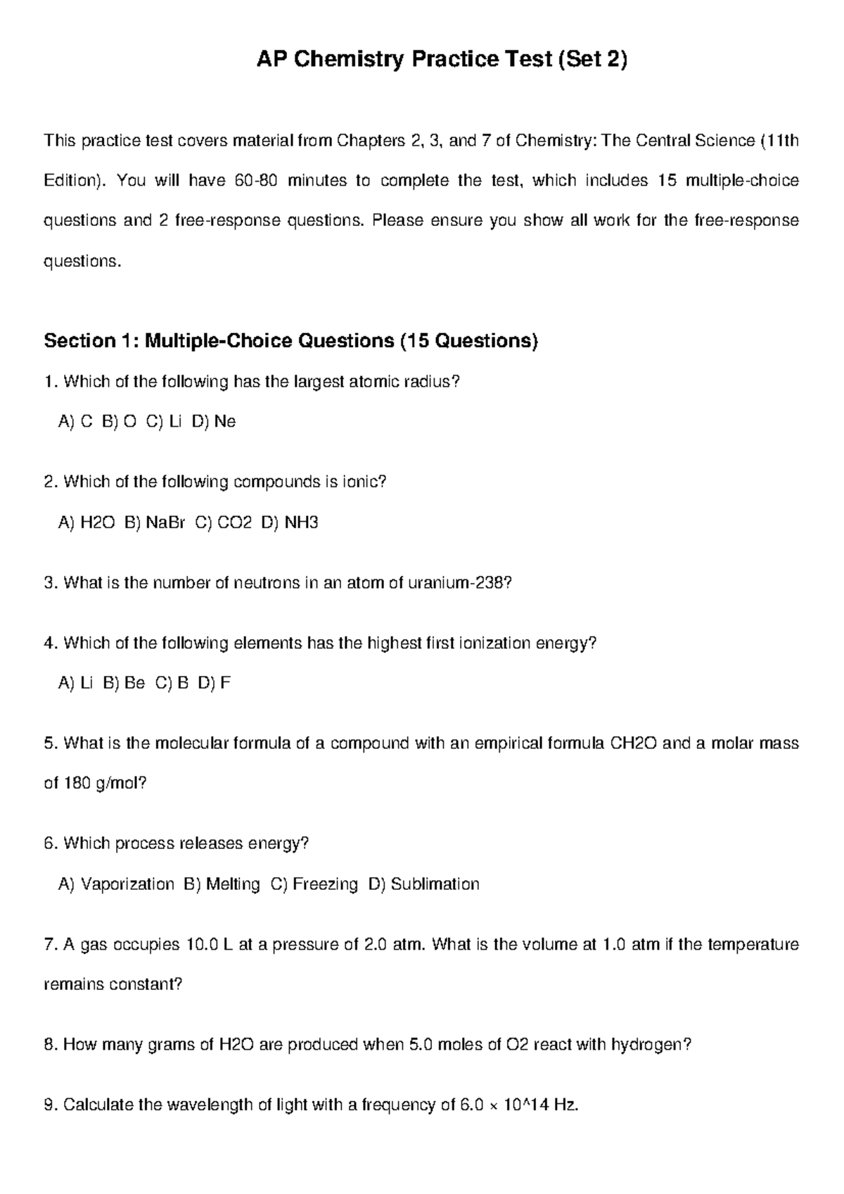 AP Chemistry Practice Test Set 2 - You will have 60-80 minutes to ...