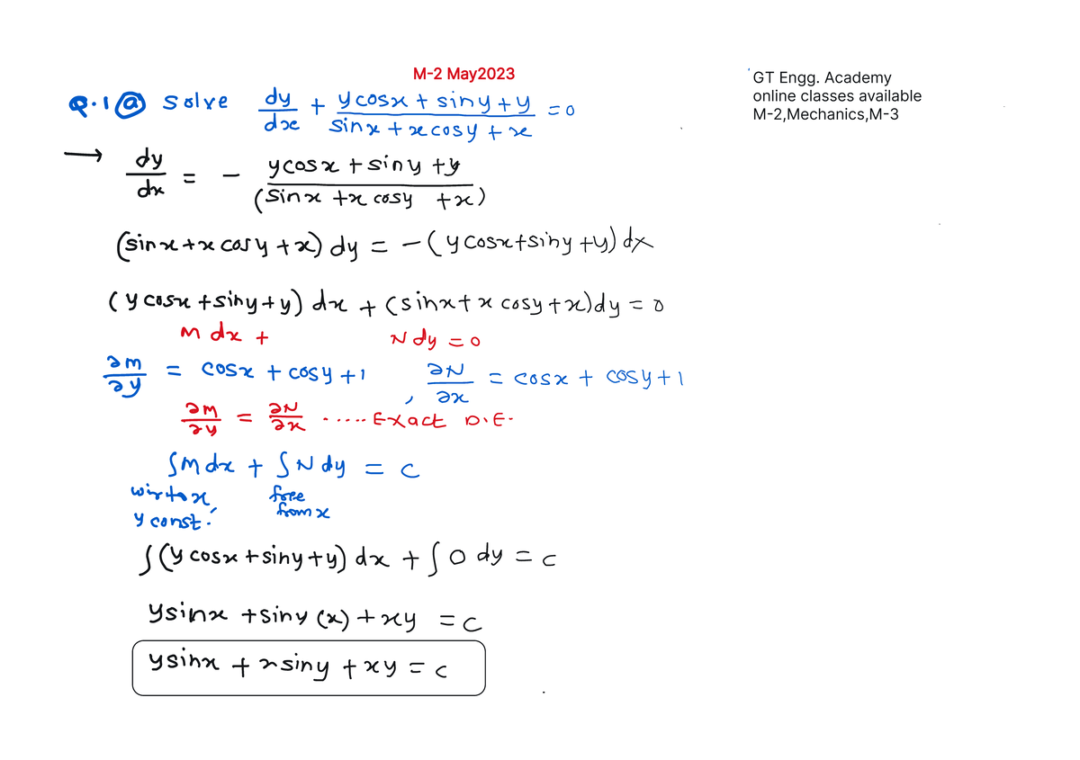 M-2 Mechanics Final Exam Notes: Differential Equations Solutions - Studocu