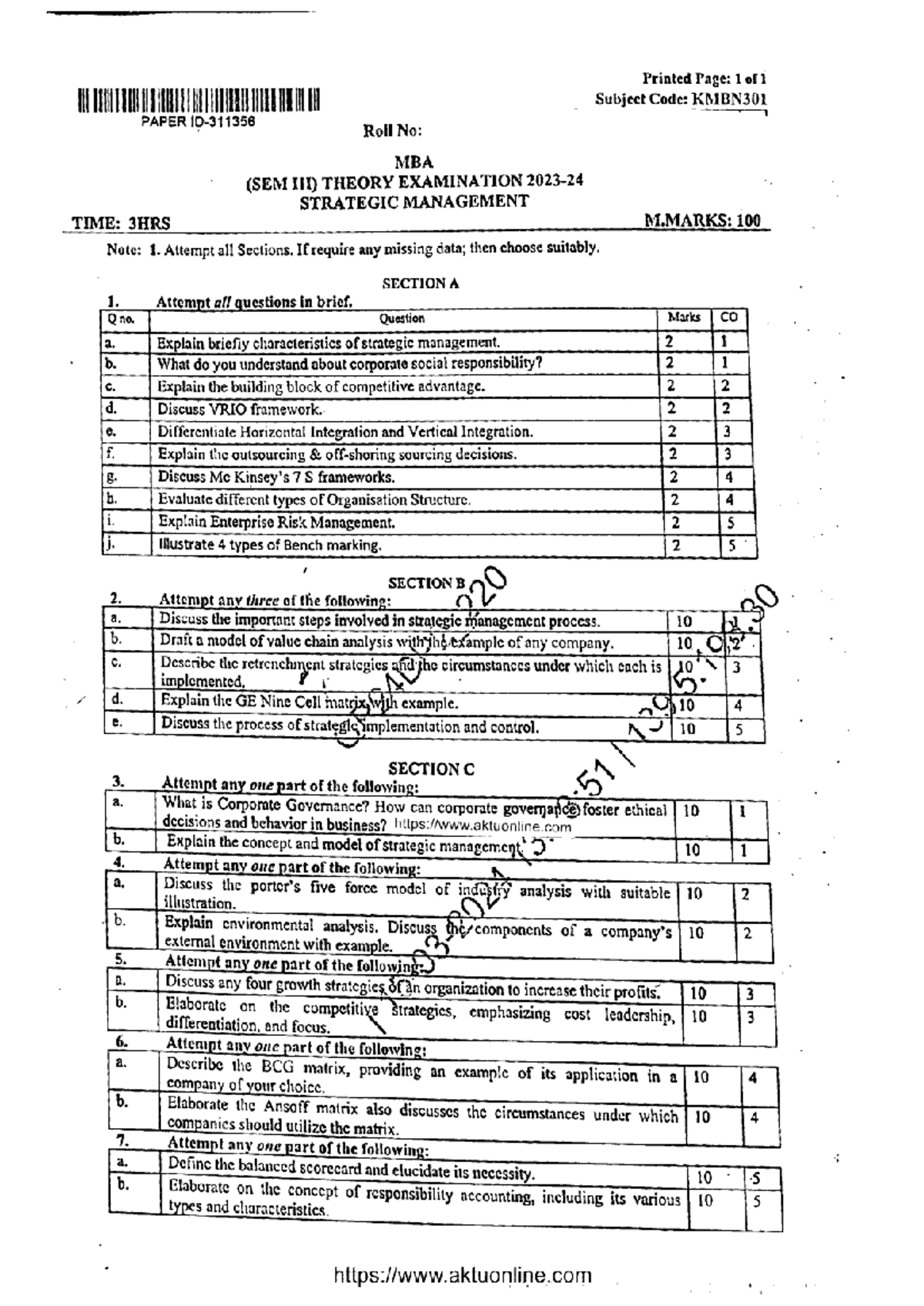 MBA 3 Sem Strategic Management KMBN301 Exam Notes Mar 2024 - Studocu
