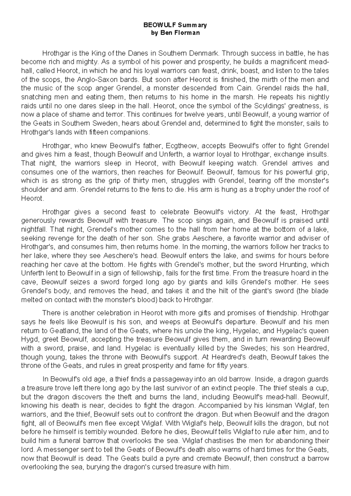 Beowulf Summary Handout - Key Plot Points and Character Insights - Studocu
